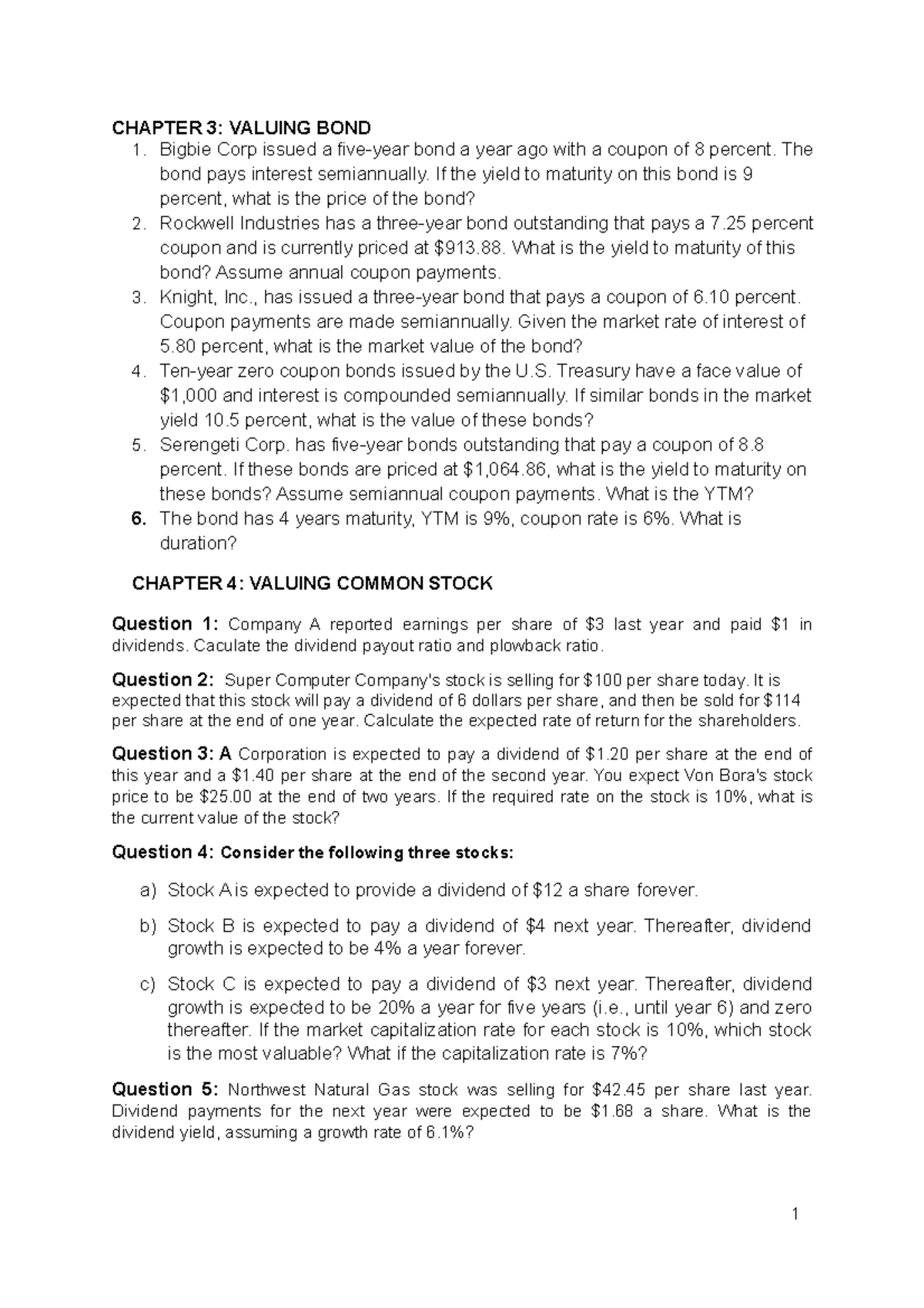 Valuing bond and common stock exercise 2023 - CHAPTER 3: VALUING BOND 1 ...