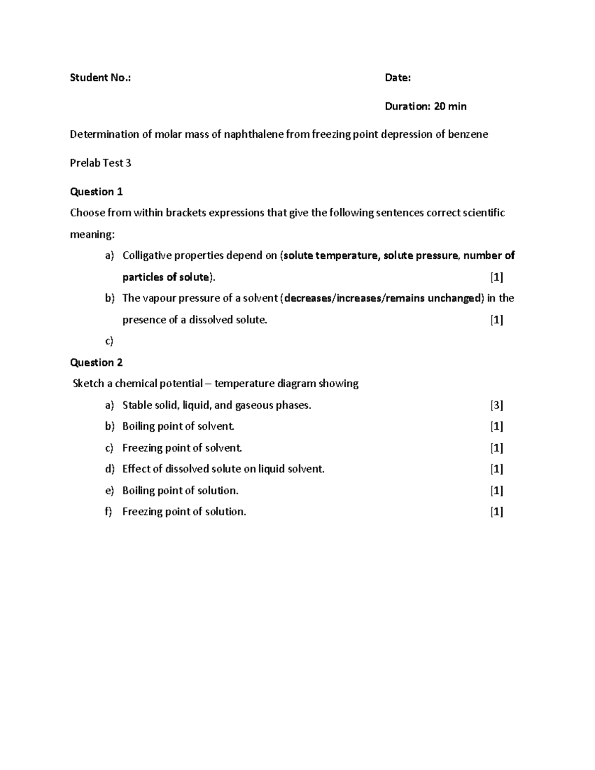 Pre Laboratory Test 3 CHE2622 WRITTEN TEST - Student No.: Date ...