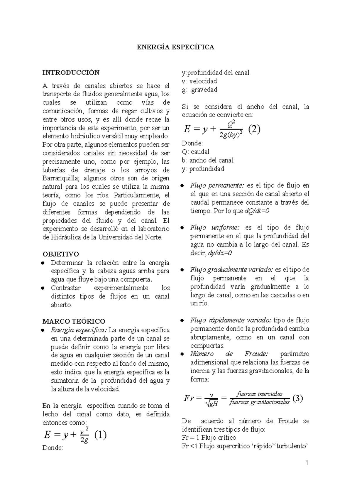 4 Energía Específica - ENERGÍA ESPECÍFICA INTRODUCCIÓN A través de ...