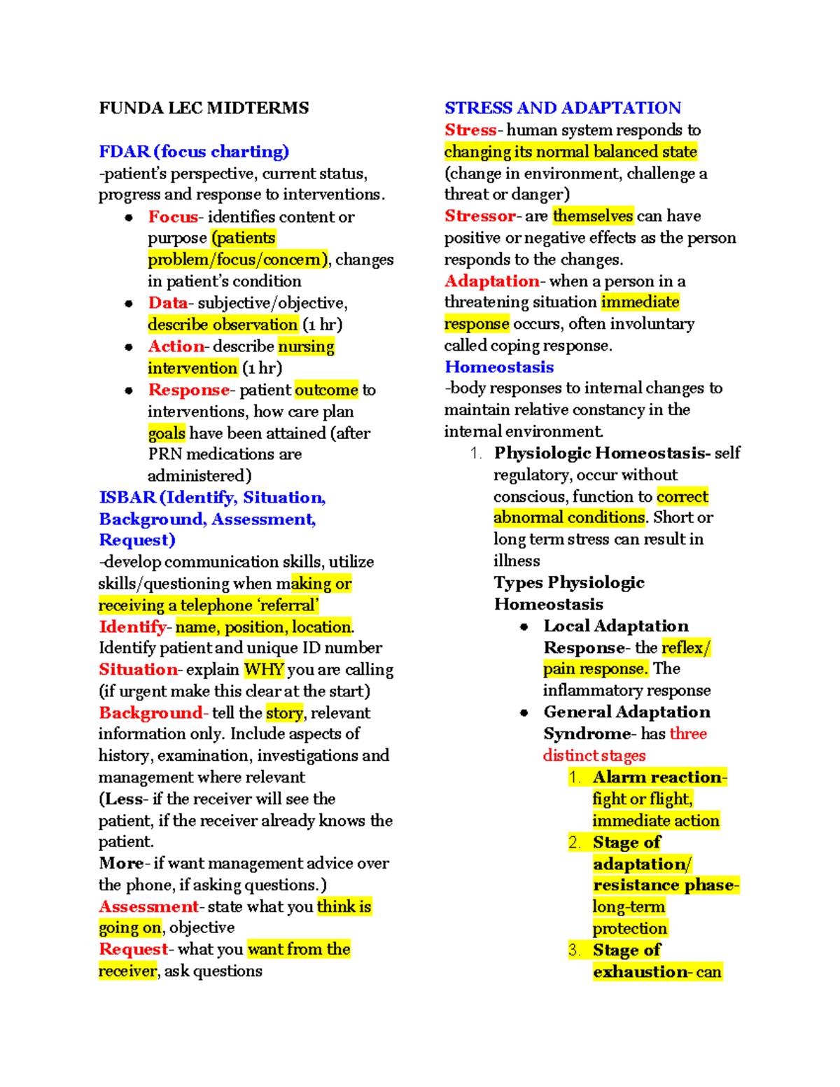 Funda-LEC- Midterms - Funda reviewer midterm - FUNDA LEC MIDTERMS FDAR (focus charting) -patient ...