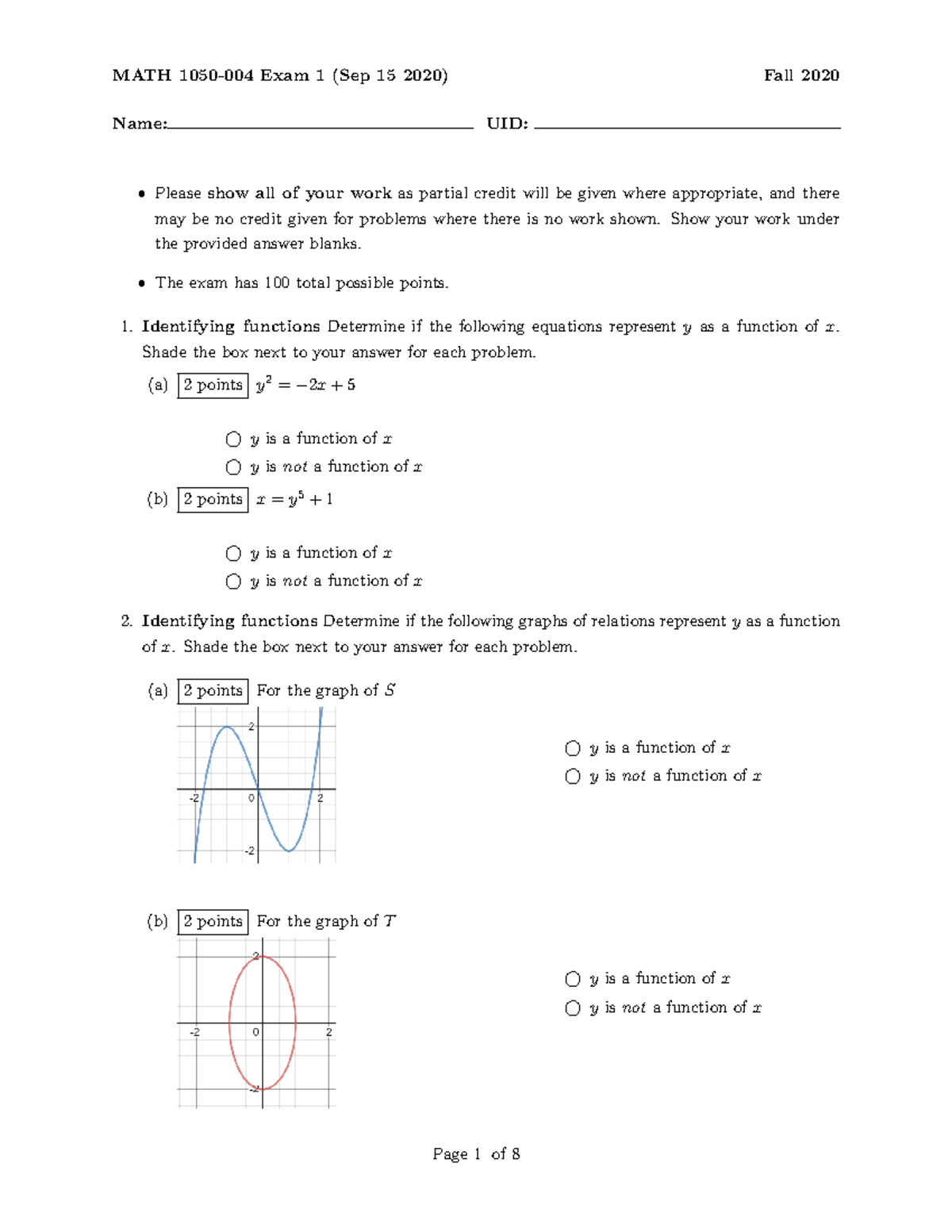 Math1050-004EXAM1 f2020 - MATH 1050-004 Exam 1 (Sep 15 2020) Fall 2020 ...