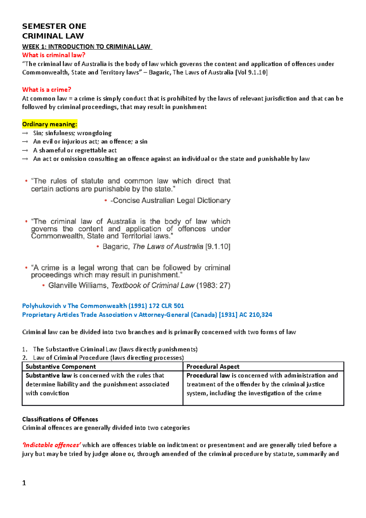 S1 Criminal Law - Notes - SEMESTER ONE CRIMINAL LAW WEEK 1 ...