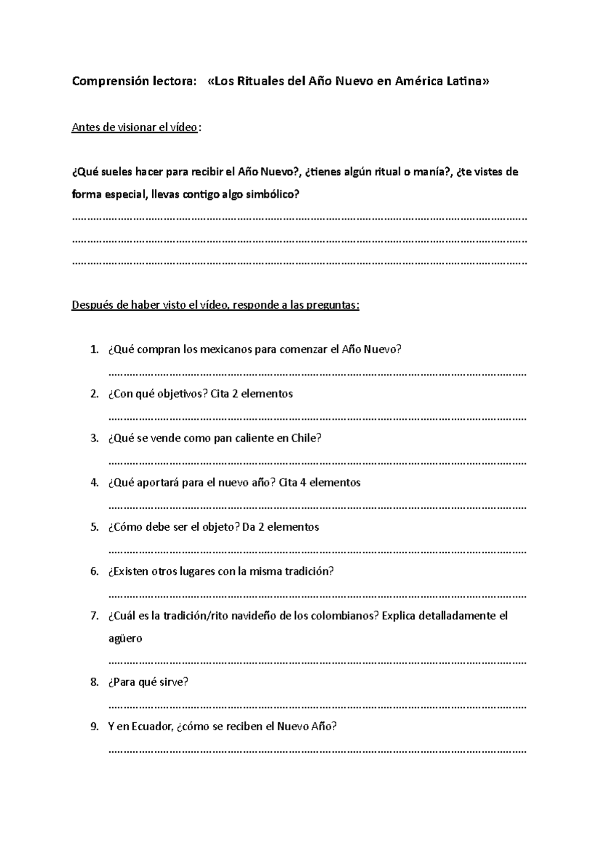 Comprensión lectora los rituales del Año Nuevo en América Latina ...