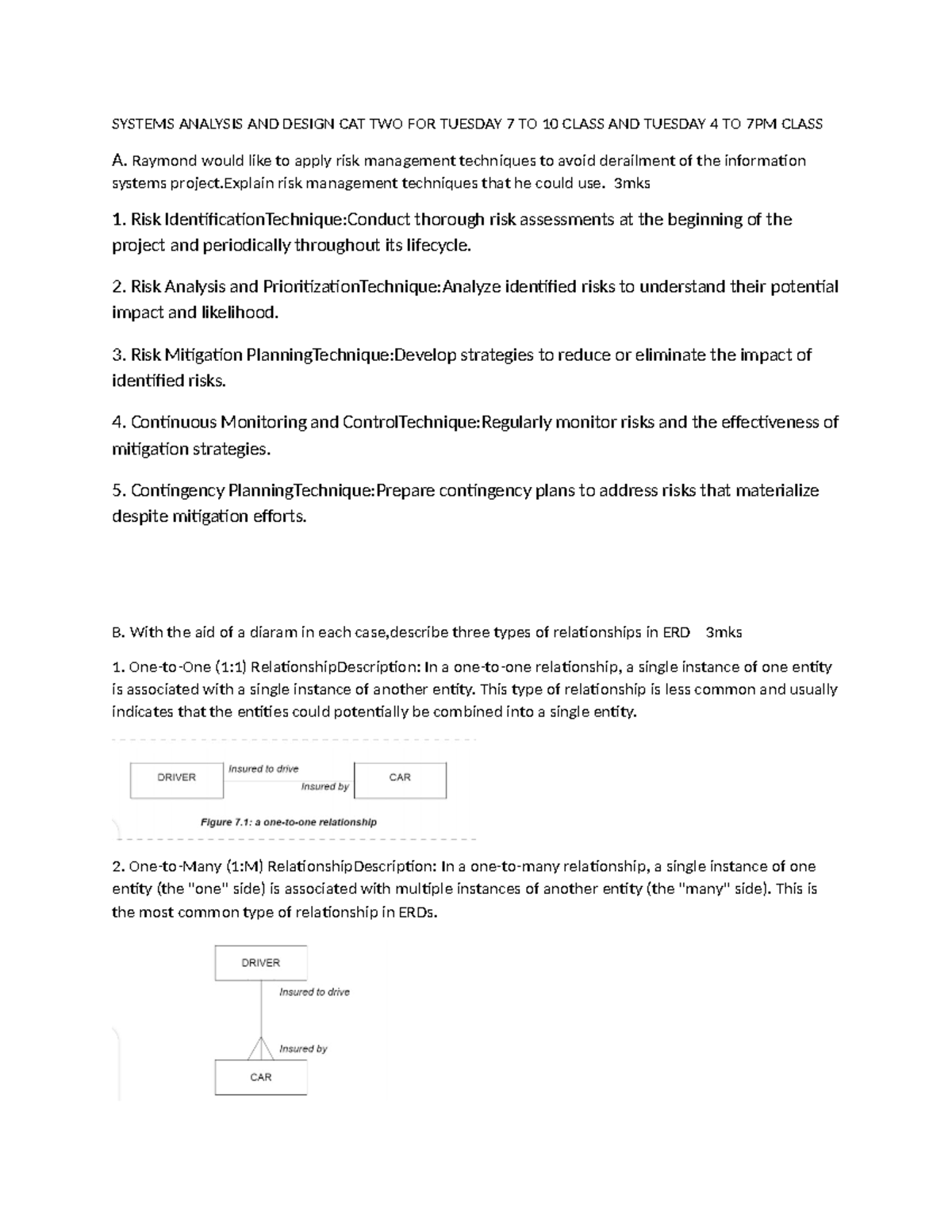 Systems Analysis AND Design CAT TWO FOR Tuesday 7 TO 10 Class AND ...