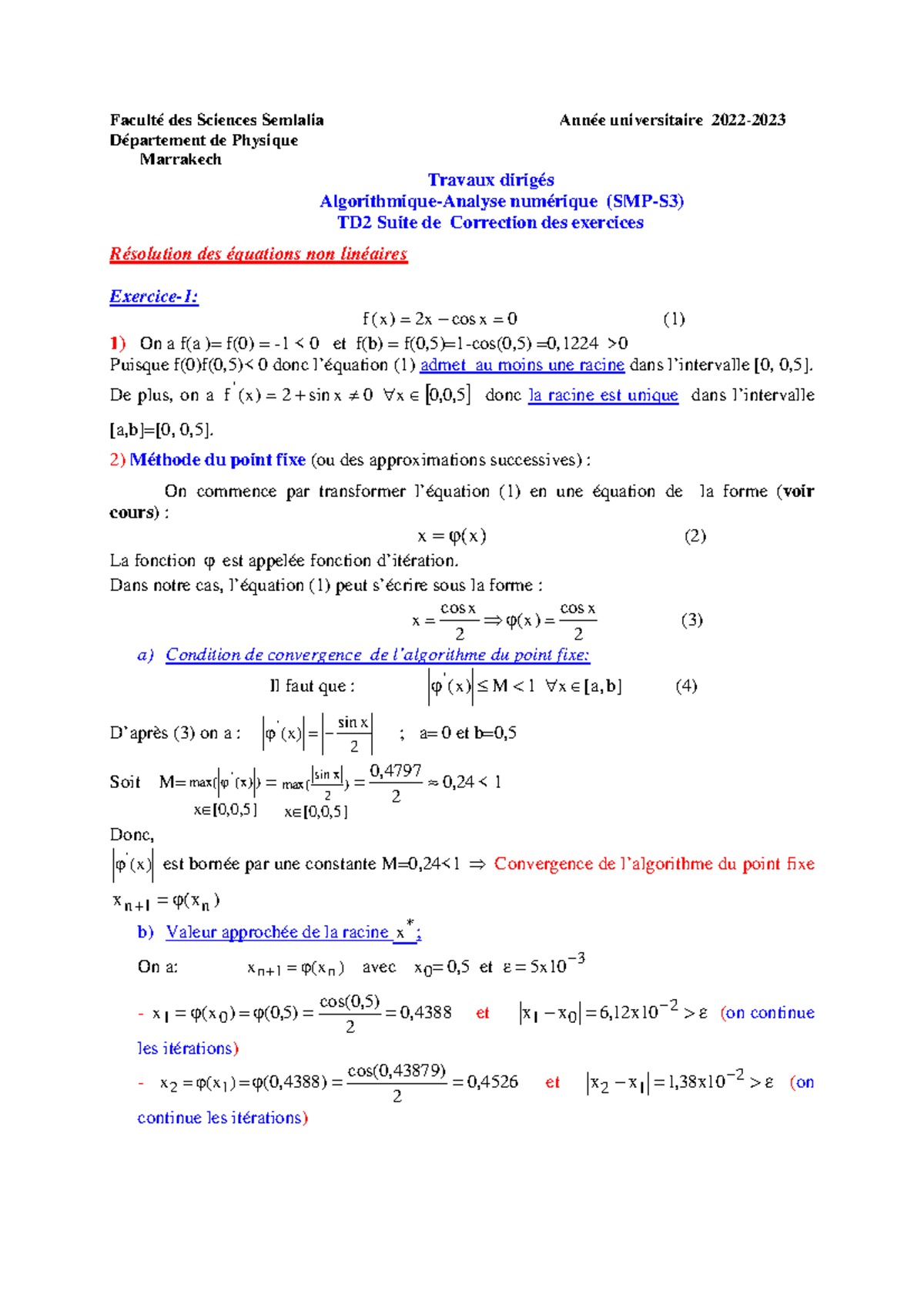 TD2-(equations non linéaires) Suite de correction - Faculté des Sciences Semlalia Année - Studocu