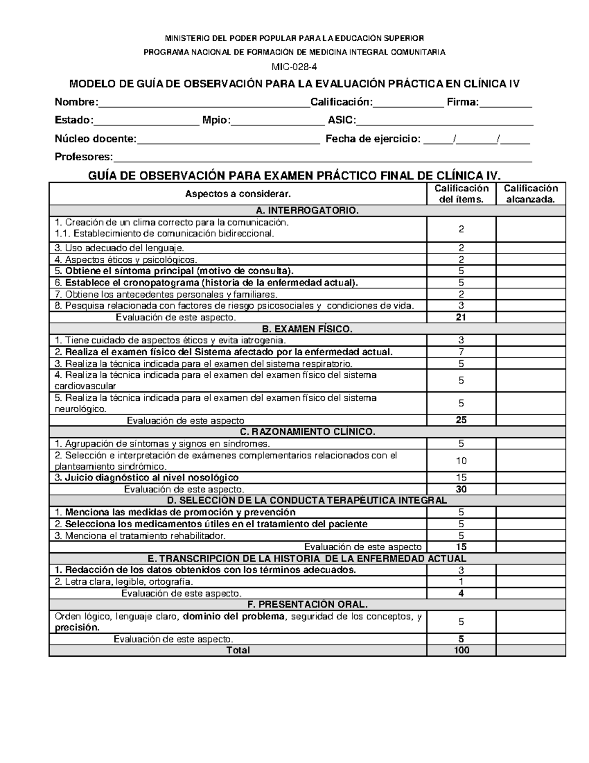 MIC-028-4 Modelo de evaluacion práctica clinica IV - MINISTERIO DEL ...