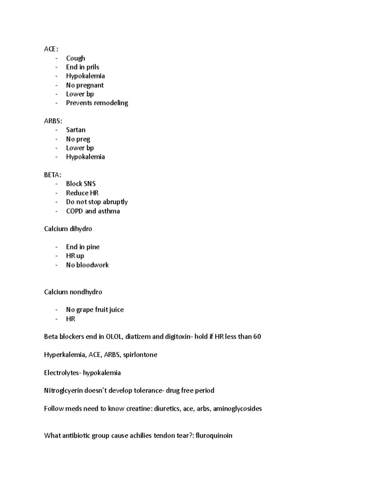 Review pharm 5 3 - ACE: Cough End in prils Hypokalemia No pregnant ...