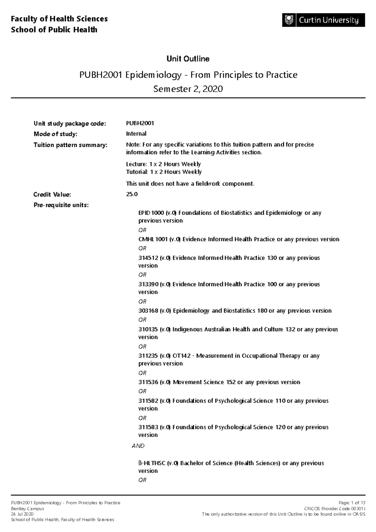 PUBH2001 Epidemiology - From Principles to Practice Semester 2 2020 ...