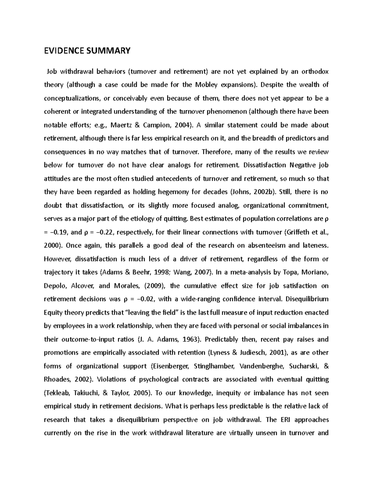 Evidence Summary - EVIDENCE SUMMARY Job withdrawal behaviors (turnover ...