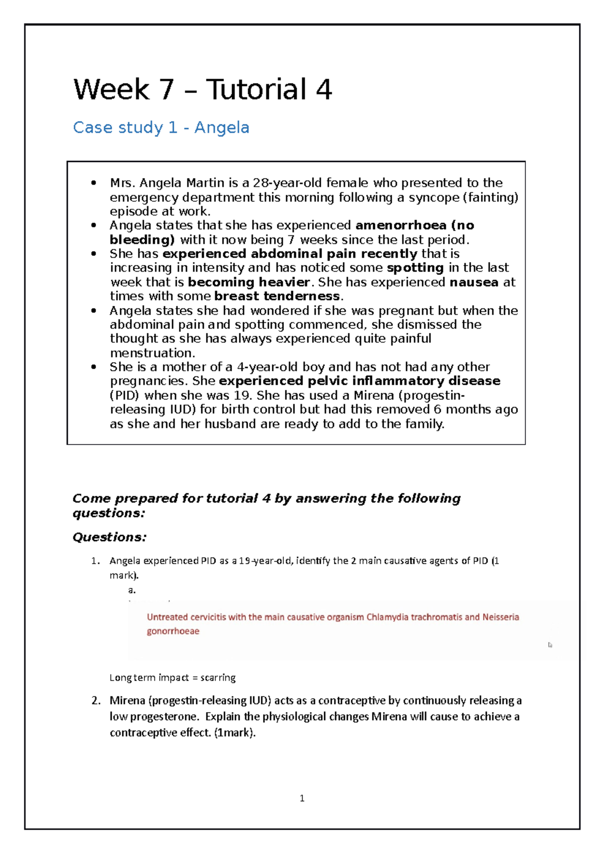 Tut 4 - Reproductive system nursing case scenarios - Week 7 – Tutorial 4 Case study 1 - Angela ...
