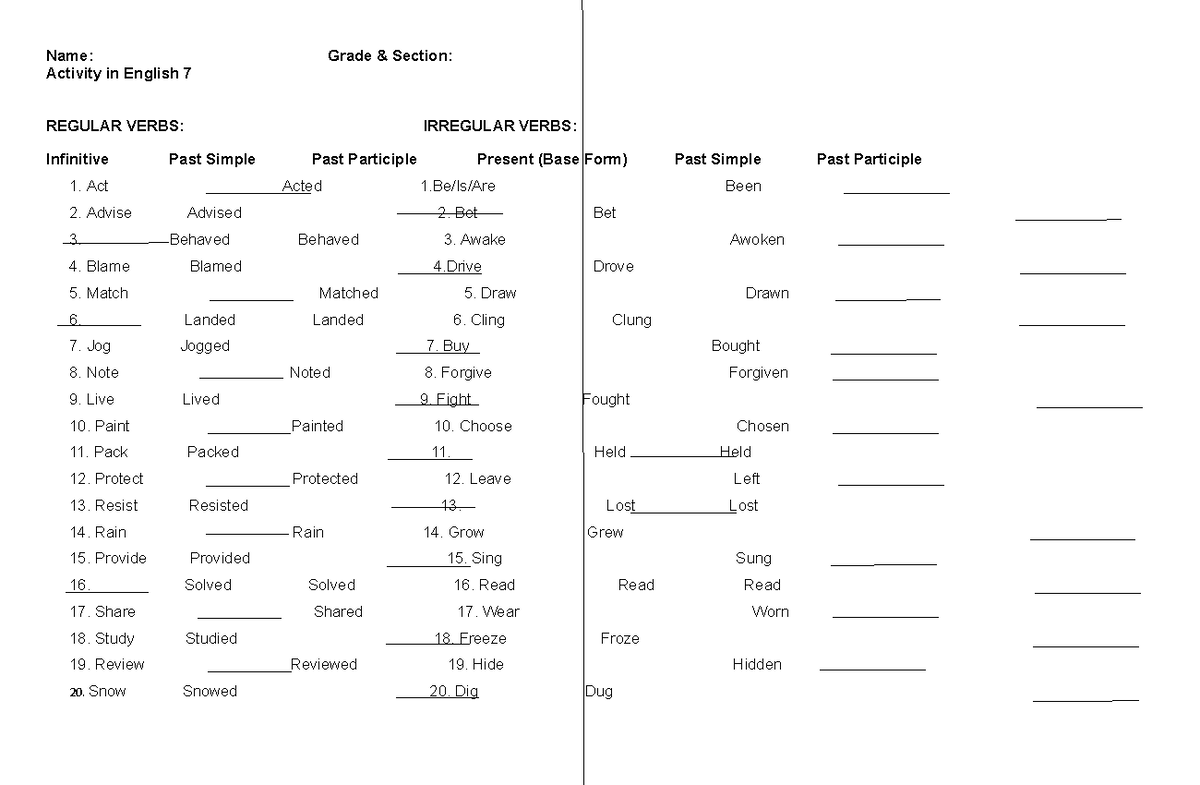 Activity-G7-Makatao - hello - Name: Grade & Section: Activity in English 7 REGULAR VERBS: - Studocu