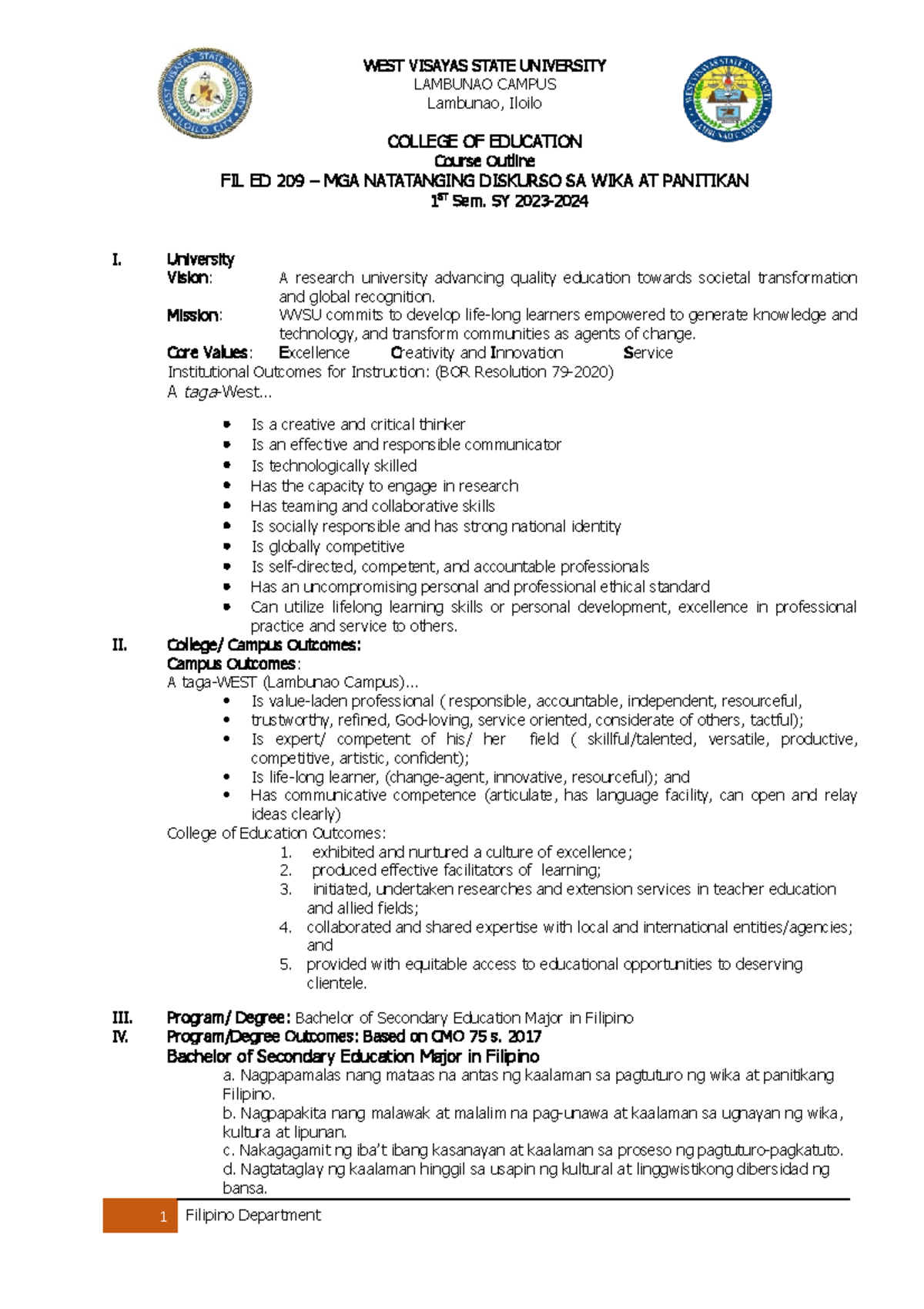 Course Outline Mga Natatanging Diskurso sa Wika at Panitikan - LAMBUNAO ...