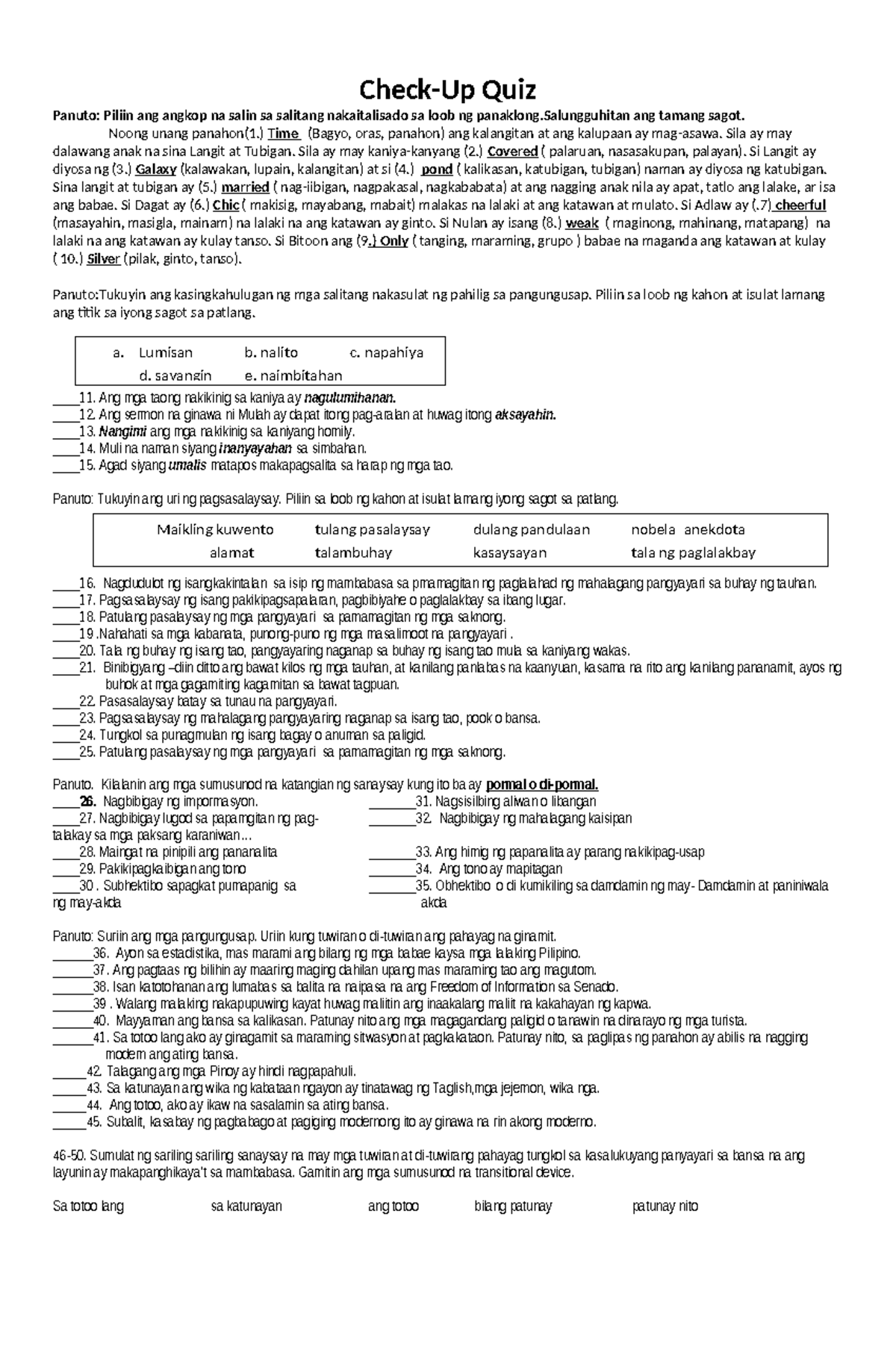 3rd pt 2020 - sample only - Check-Up Quiz Panuto: Piliin ang angkop na ...