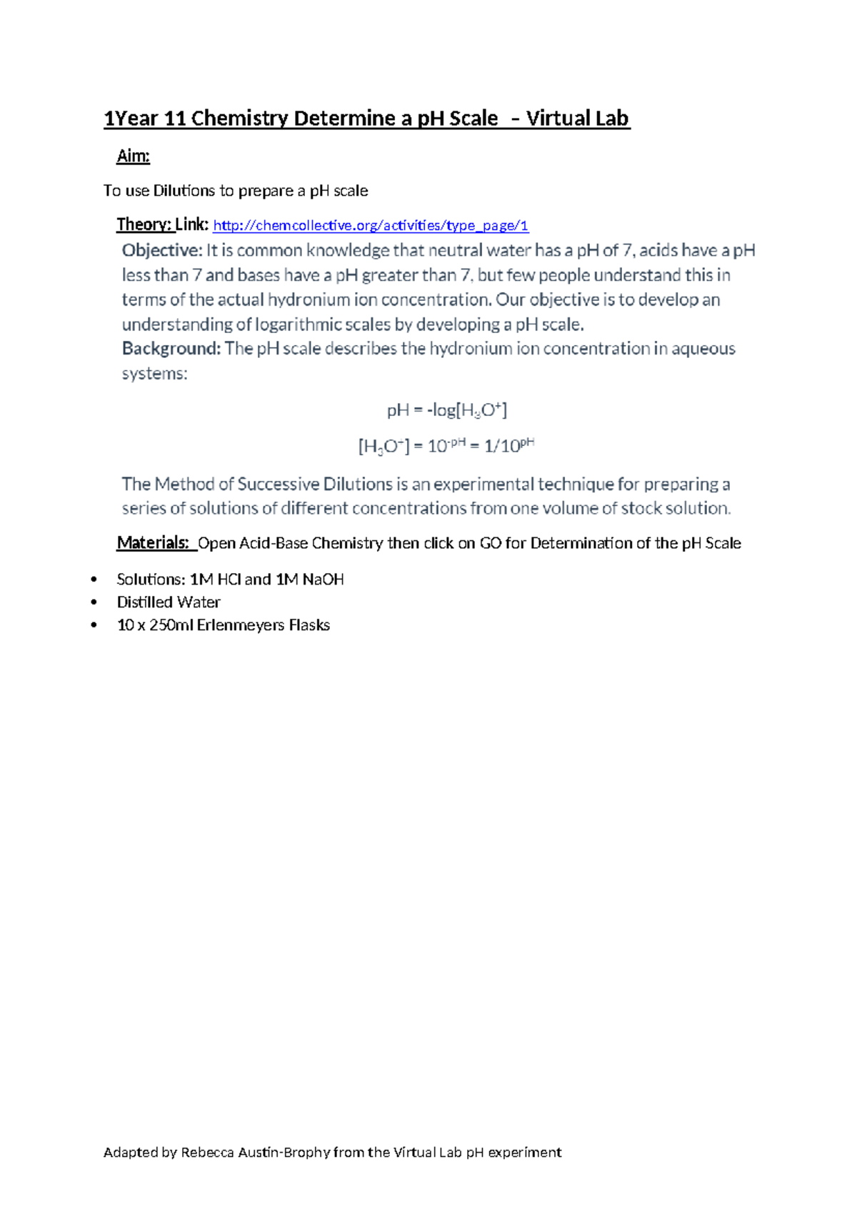 Virtual Lab - p H experiment - 1Year 11 Chemistry Determine a pH Scale ...