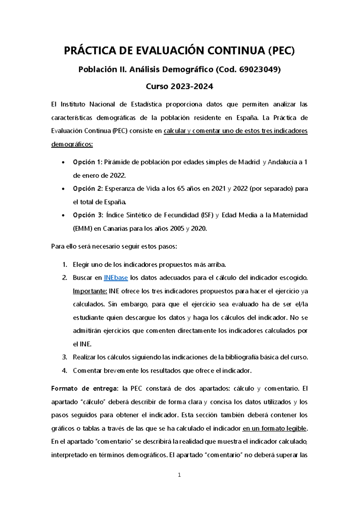 Enunciado PEC Pob.II 2023 24 Actualizado - 1 PRÁCTICA DE EVALUACIÓN CONTINUA (PEC) Población II ...