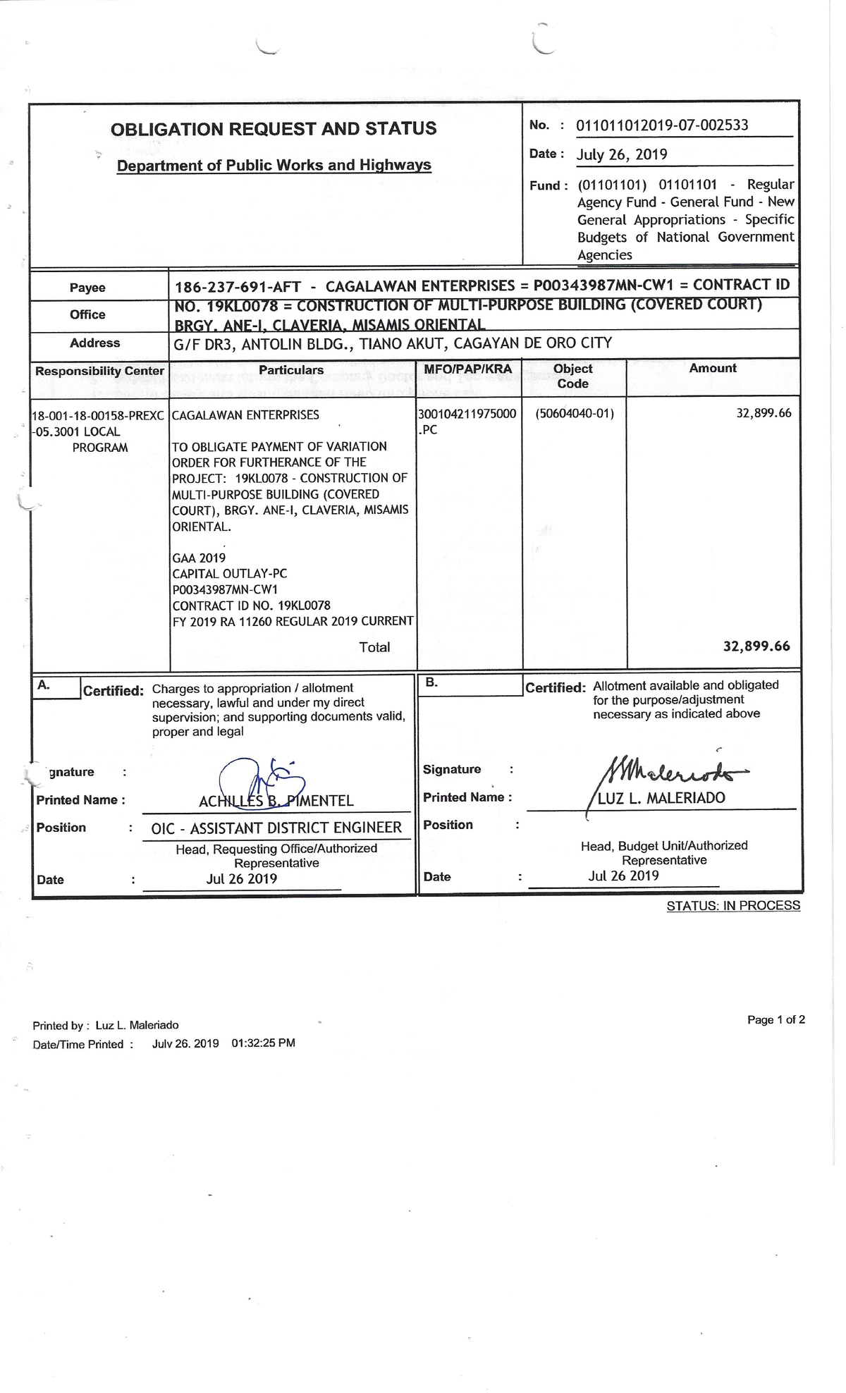 19kl0078-VO1 - OBLIGATION REQUEST AND STATUS No. : Date : July 26, 2019 ...