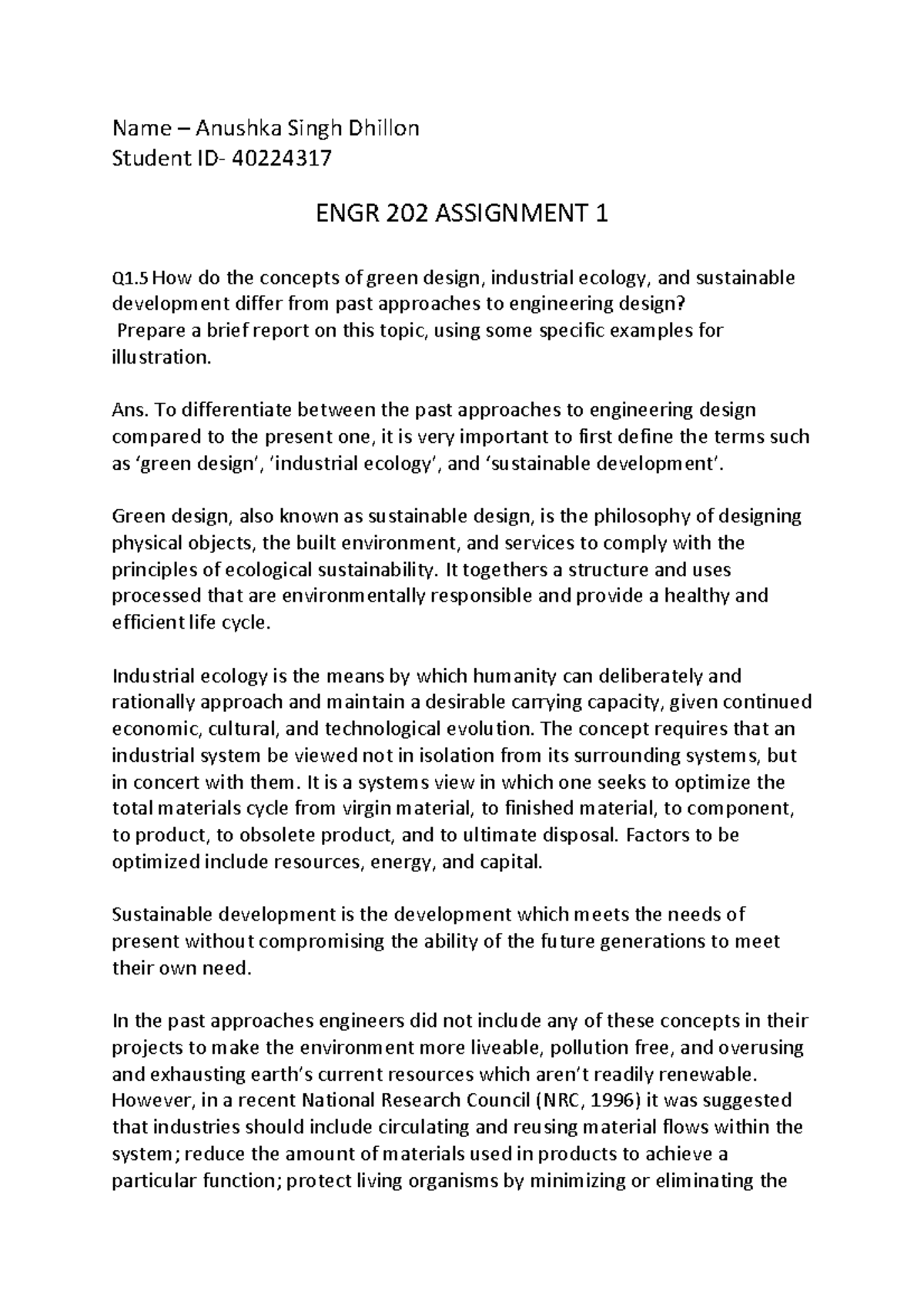 ENGR 202 Assignment 1 - Name – Anushka Singh Dhillon Student ID- 40224317 ENGR 202 ASSIGNMENT 1 ...