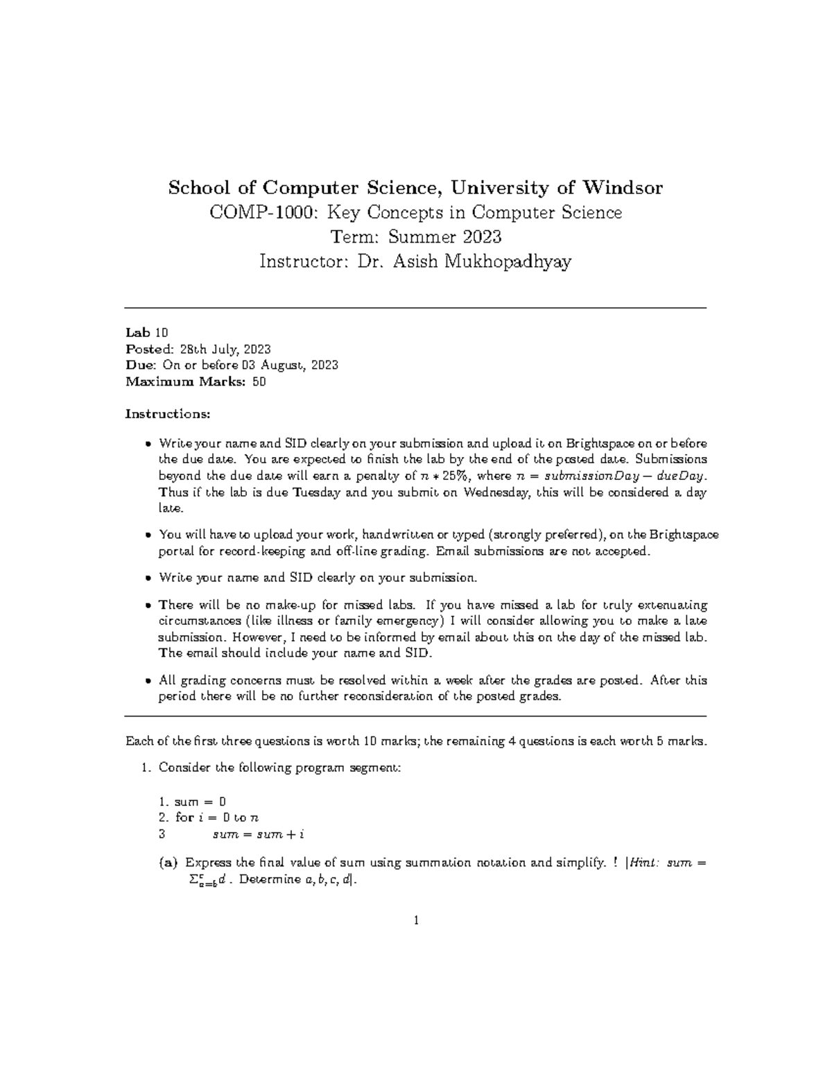 Lab Ten-COMP1000-S23 - Lab 10 one of the 10 labs you need to submit targets specific chapters ...