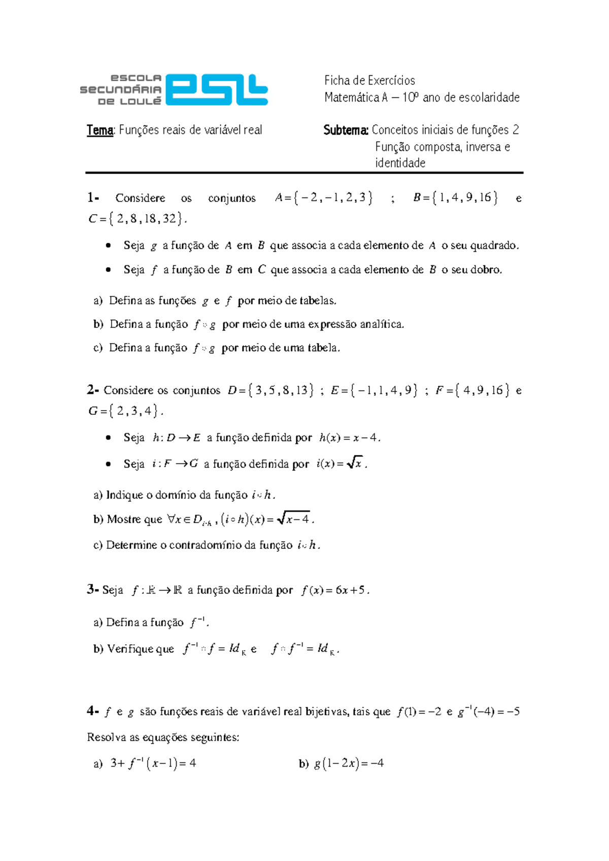 Ficha de exercícios matemática A_Função composta, inversa e identidade ...