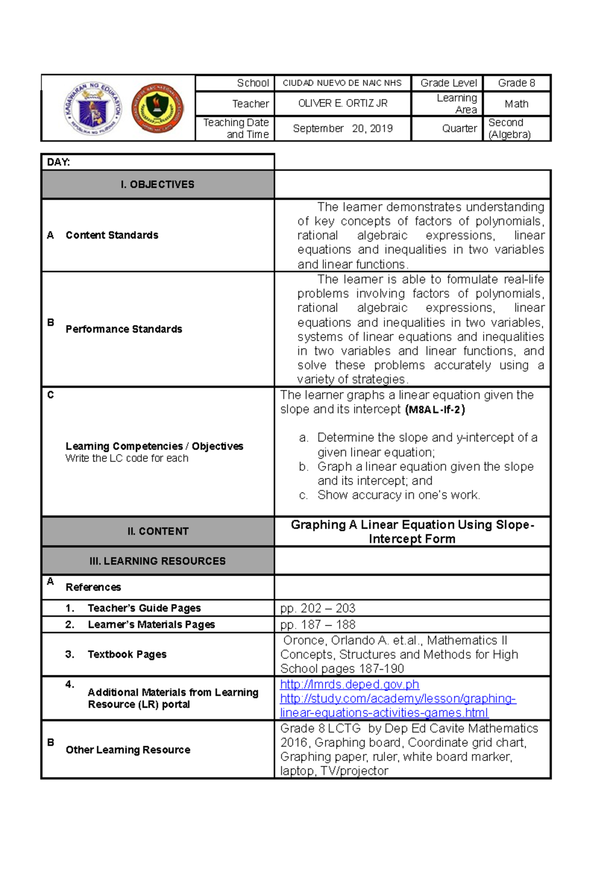 DLP Observation 2 September 20, 2019 - School CIUDAD NUEVO DE NAIC NHS ...