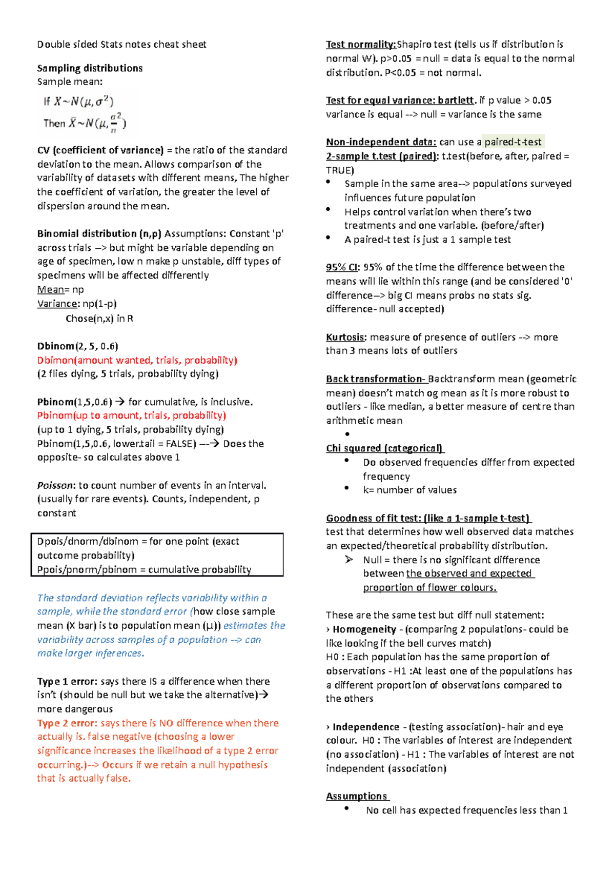 Double sided Stats notes cheat sheet - Double sided Stats notes cheat ...
