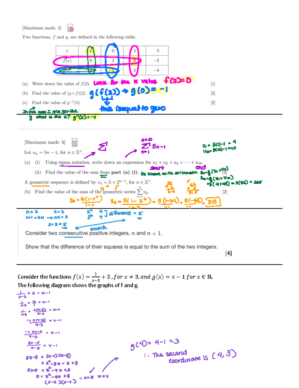 Paper 1 practice answers - [4] Consider the functions ݂ ሺݔሻ ൌ ଵ ௫ିଷ ൅ ʹ ...