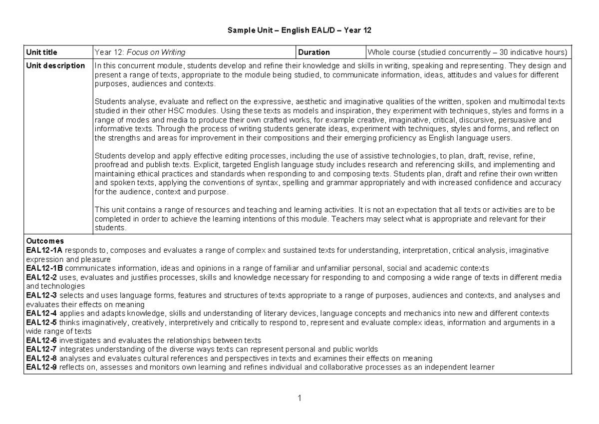 Eal-d focus-on-writing-sample-unit - Sample Unit – English EAL/D – Year ...
