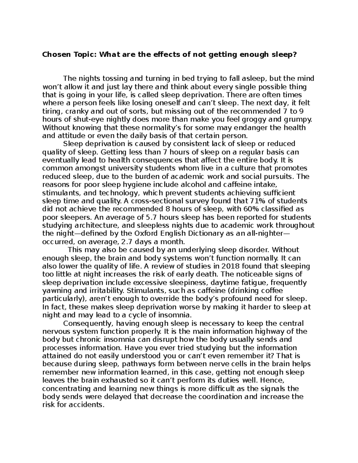 Essay 15 - Chosen Topic: What are the effects of not getting enough ...