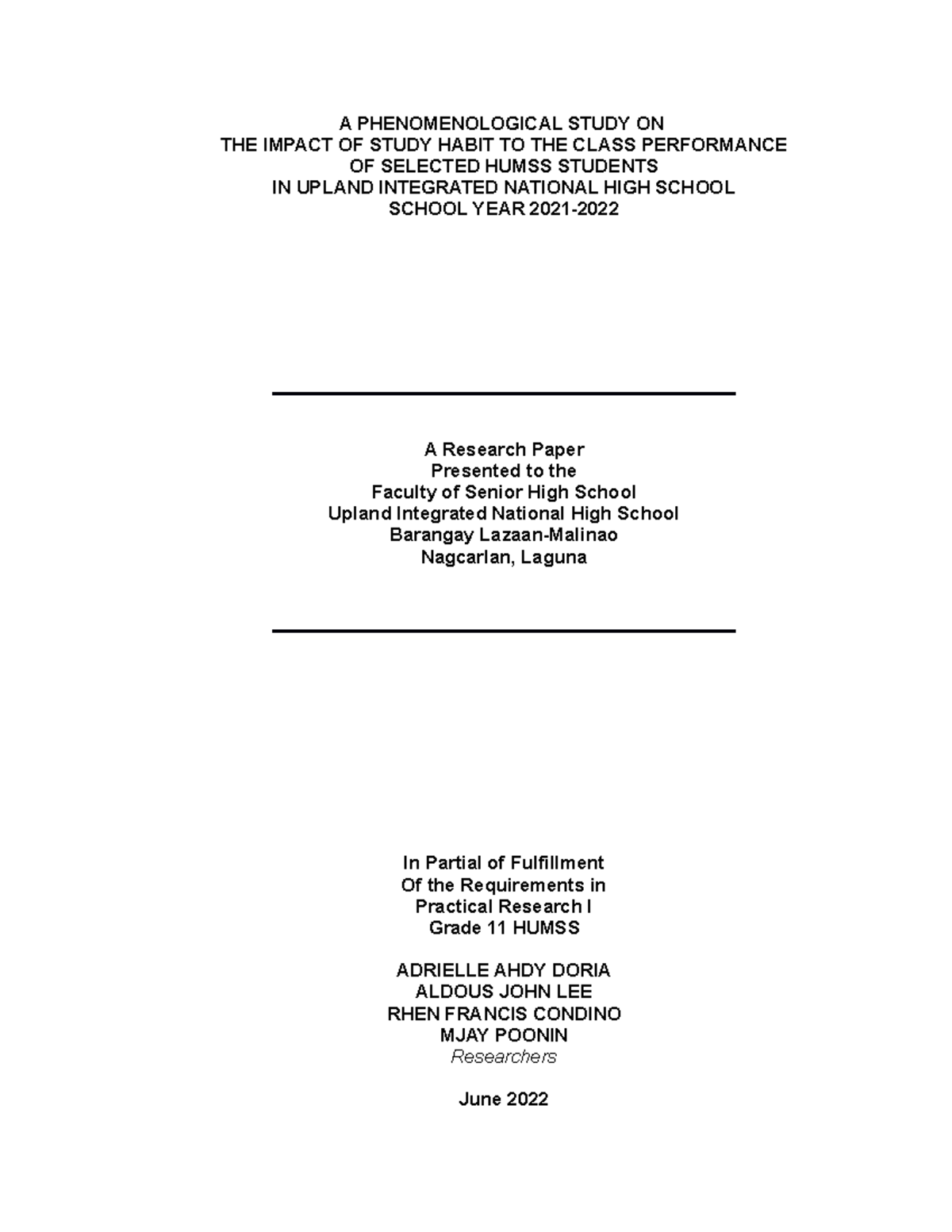 Preliminary Pages 2021 2022 - A PHENOMENOLOGICAL STUDY ON THE IMPACT OF ...