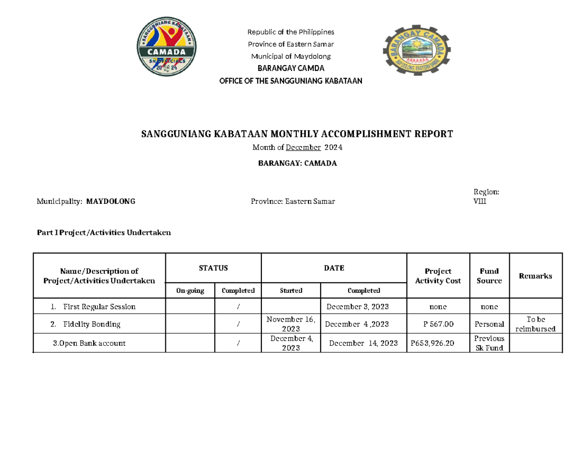 Final-Accomplishment Report - Province of Eastern Samar Municipal of ...