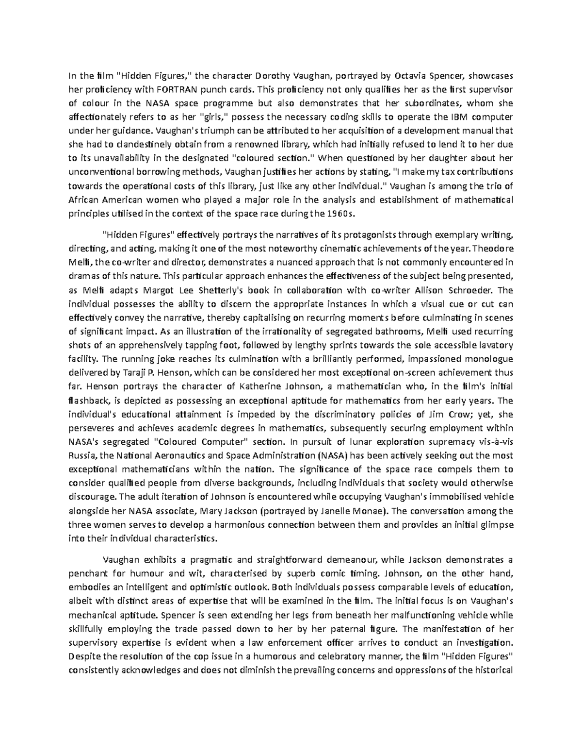 Hidden- Figures - notes - In the 昀椀lm "Hidden Figures," the character ...