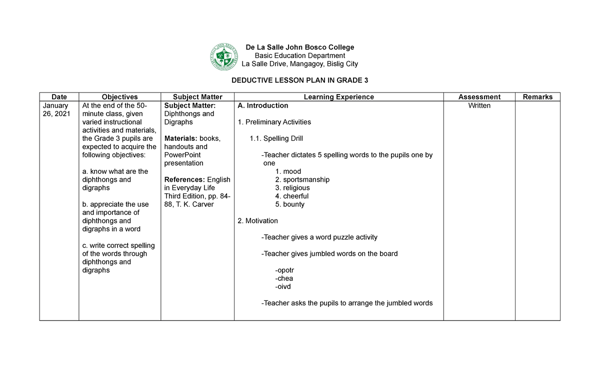 Dipthongs - Deductive-Lesson-Plan - De La Salle John Bosco College ...