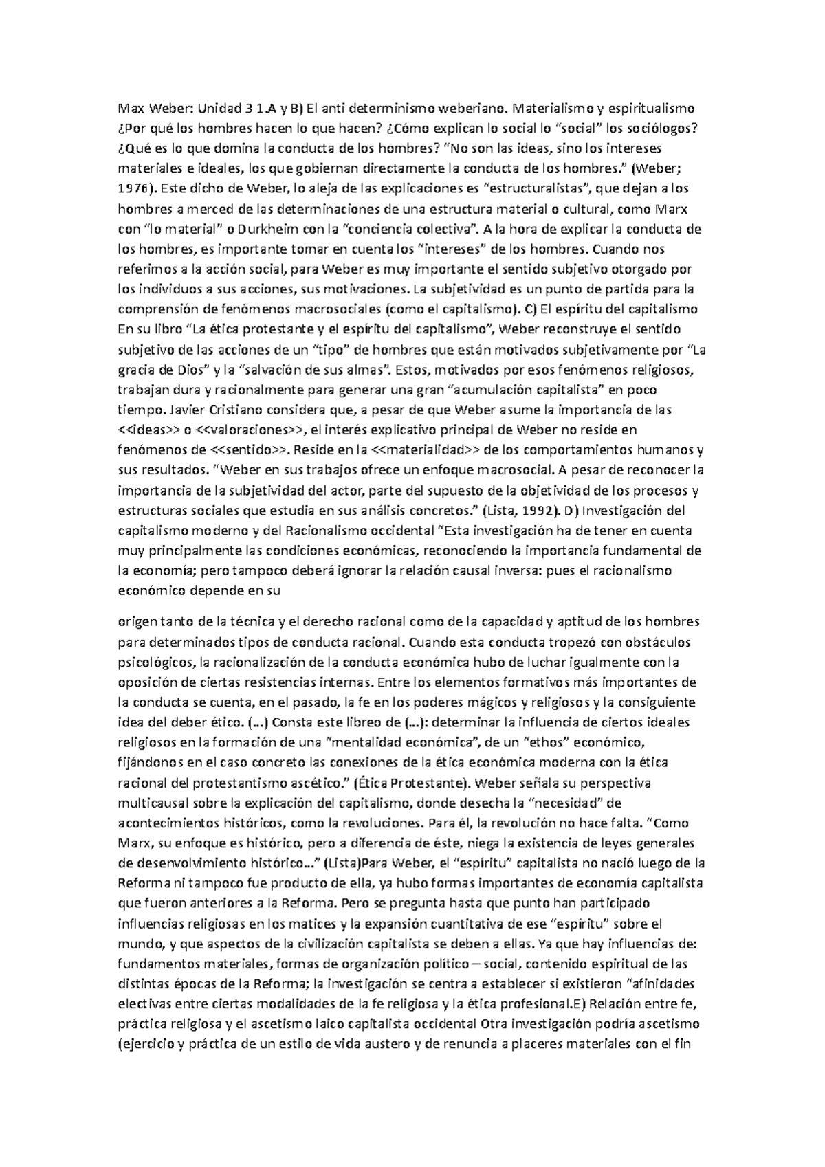 Max Weber 1 - Max Weber: Unidad 3 1 y B) El anti determinismo weberiano ...