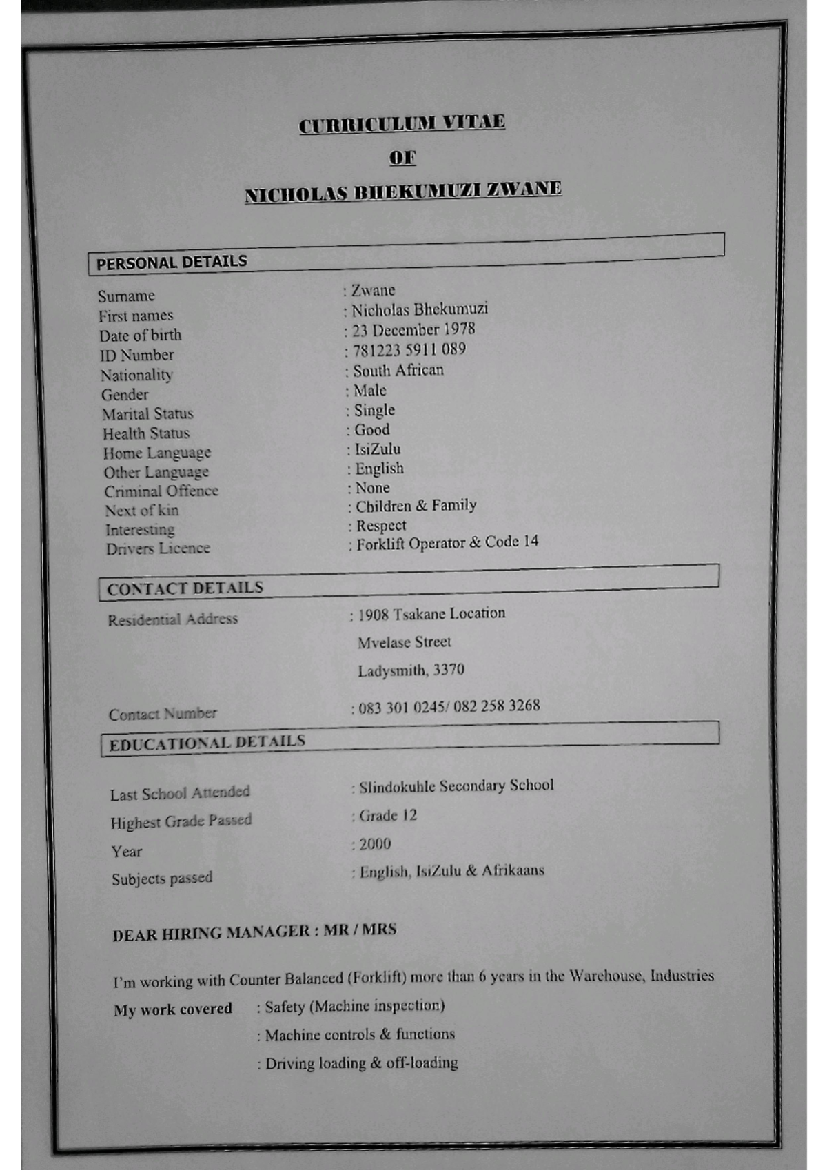 PDF Scanner 010724 4.40.42 CV - CURRICULUM VITAE OF NICHOLAS BHEKUMUZI ZAWANE PERSONAL DETAILS ...