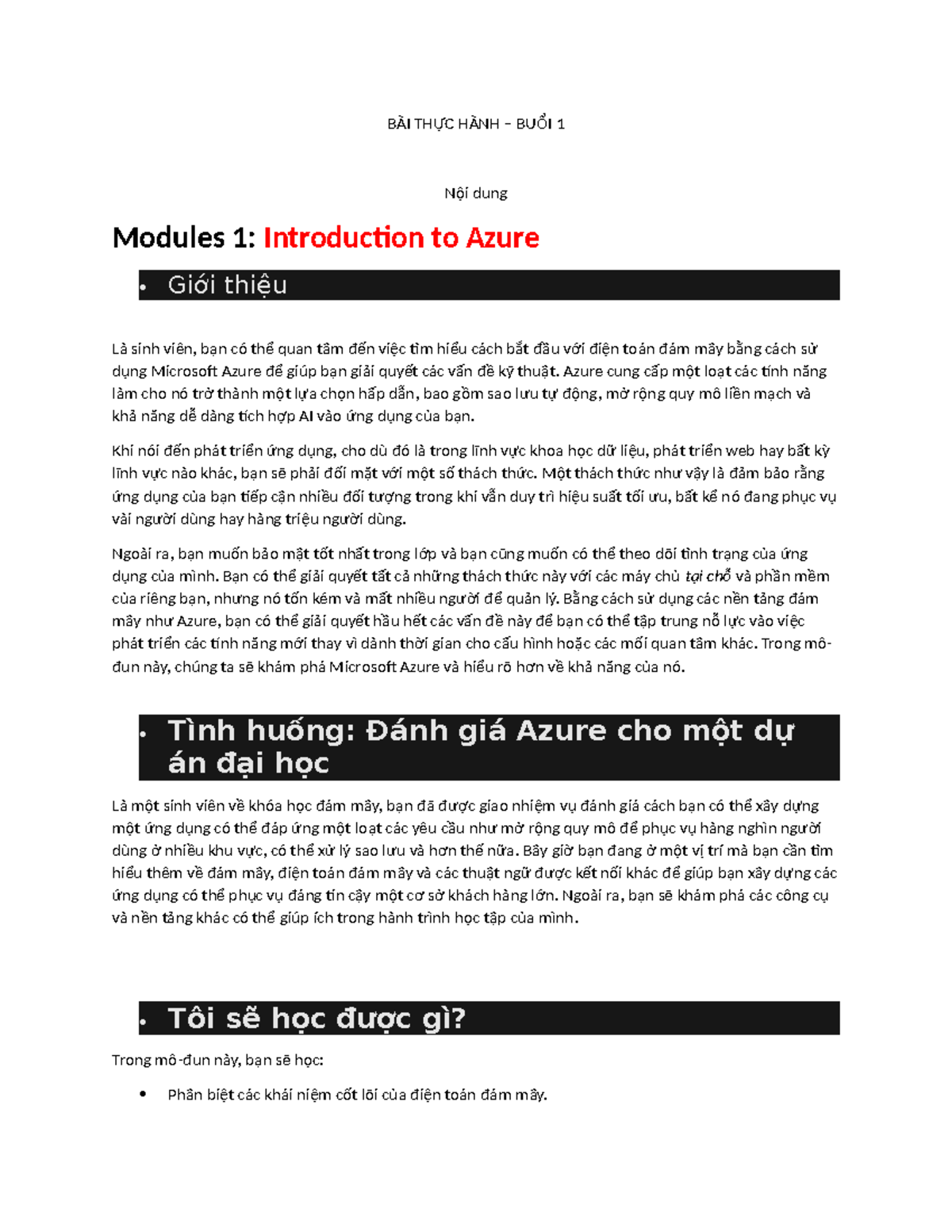Modules 1 Introduction to Azure - BÀI THỰC HÀNH – BUỔI 1 Nội dung Modules 1: Introduction to ...