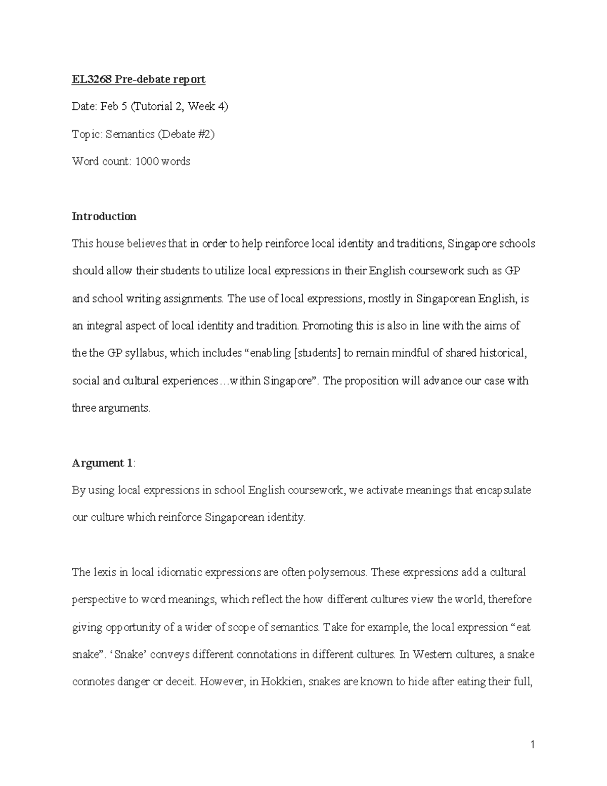 Pre-debate report: Semantics (For) - EL3268 Pre-debate report Date: Feb ...