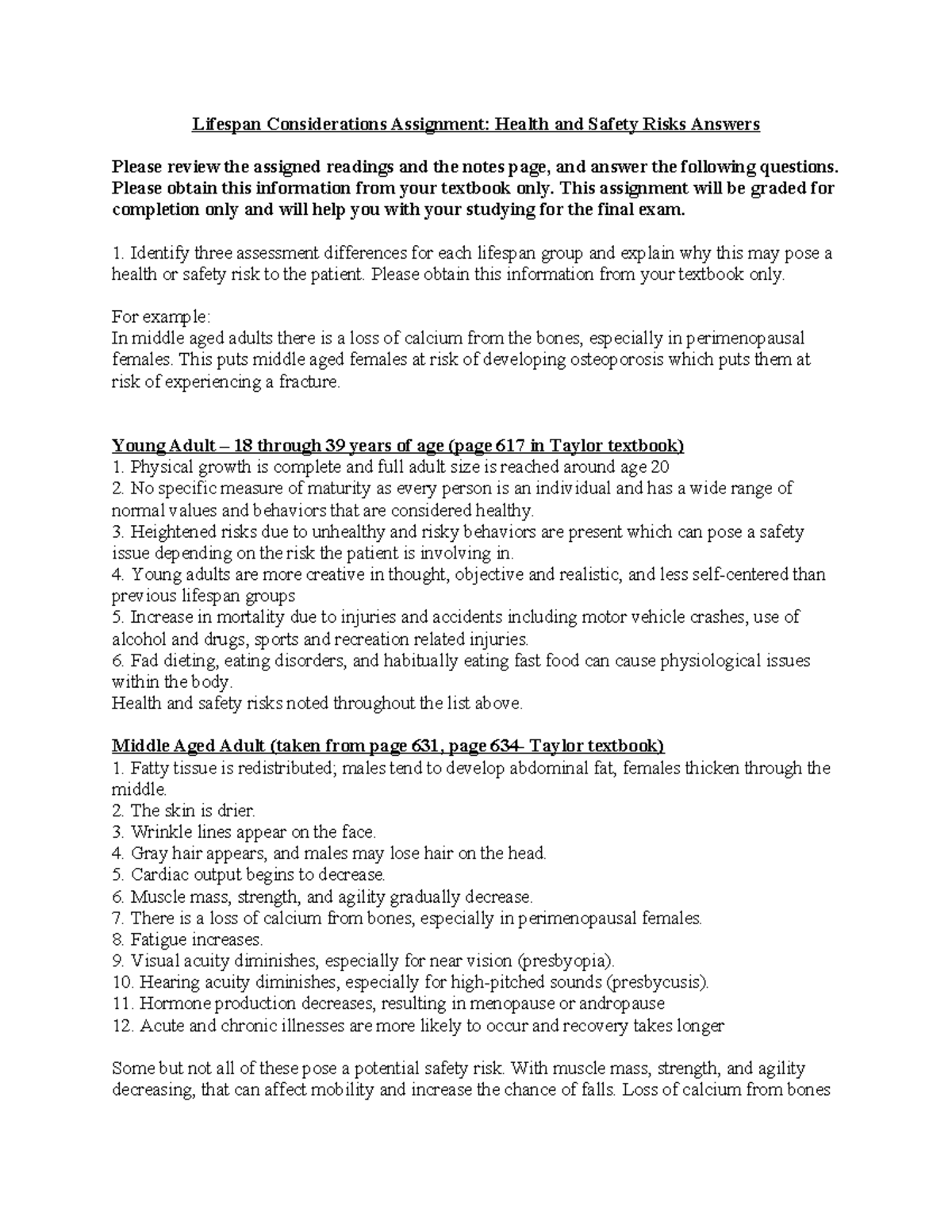 Lifespan Considerations Assignment Answers 1 - Lifespan Considerations ...