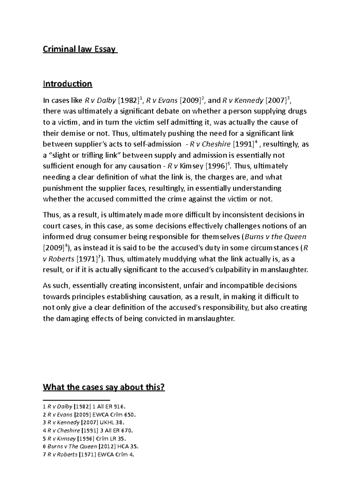 Essay - Assessment 2 - Criminal law Essay Introduction In cases like R ...