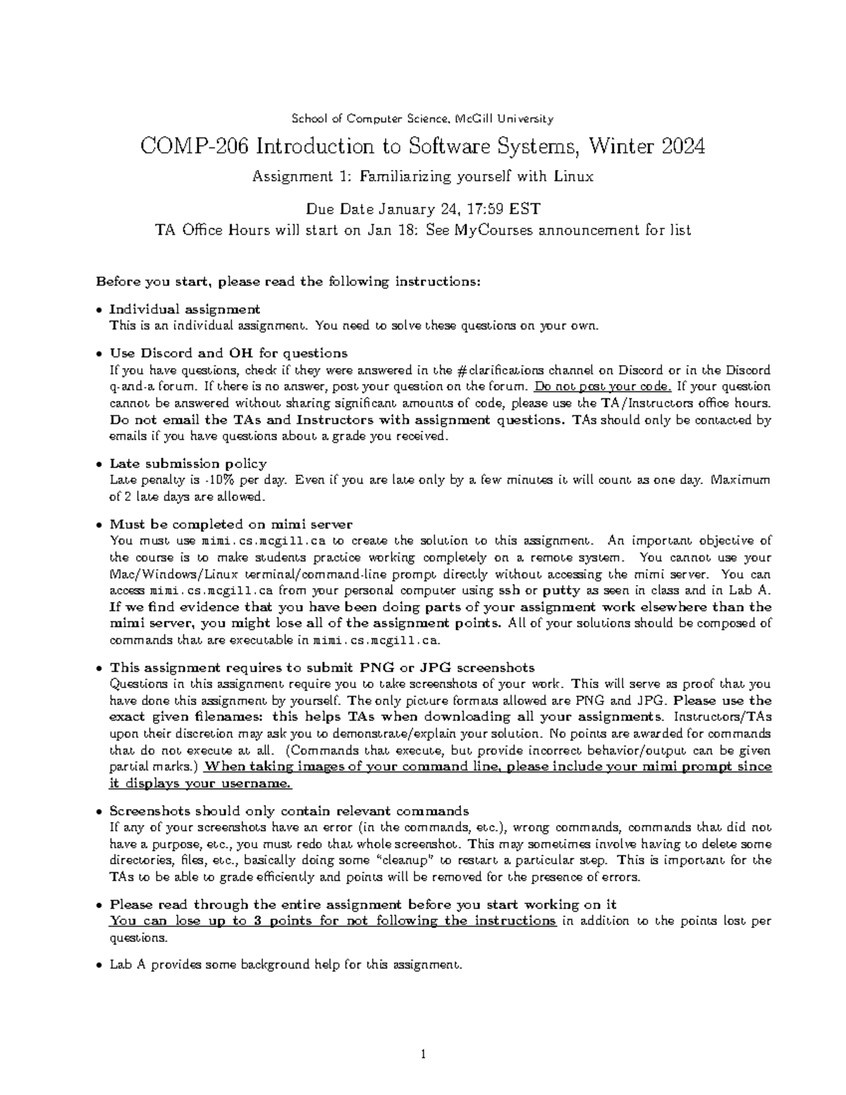 Assignment 1 - School of Computer Science, McGill University COMP-206 Introduction to Software ...