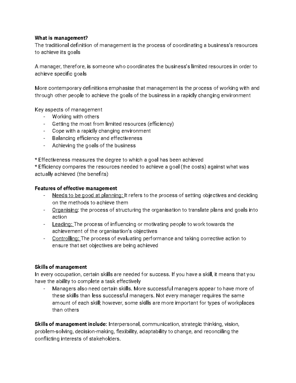 Topic 2 - Management notes - What is management? The traditional ...