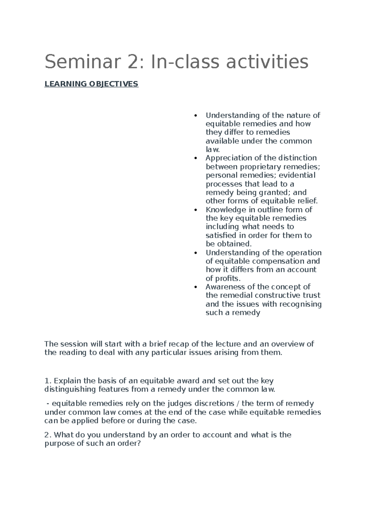 Seminar 2 Equity and trust - Seminar 2: In-class activities LEARNING ...