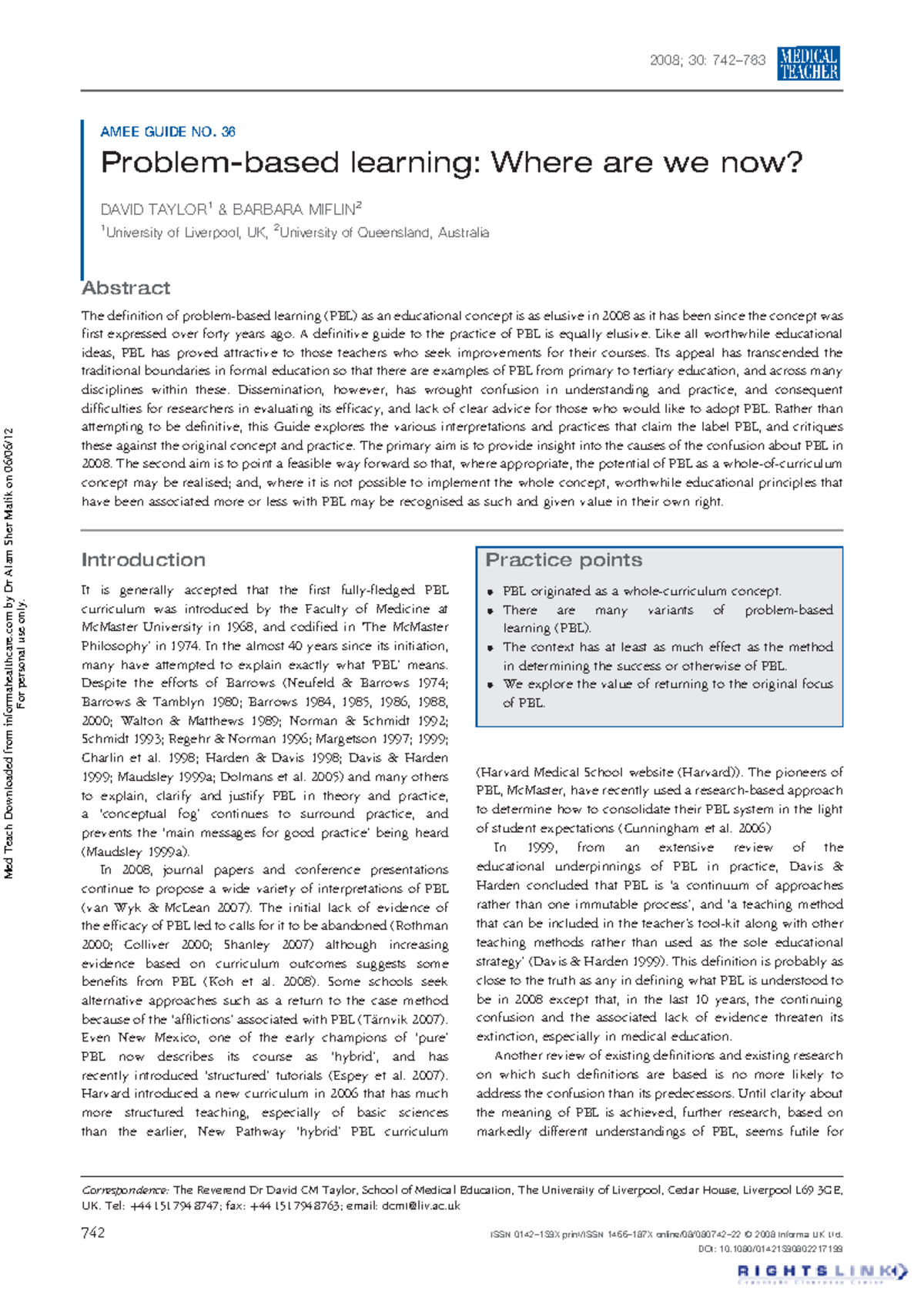 Problem based learning - 2008; 30: 742– AMEE GUIDE NO. 36 Problem-based ...