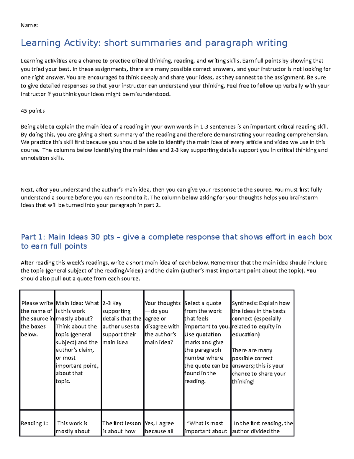 Learning Activity Short Summaries and Paragraph Module 1 - Name ...
