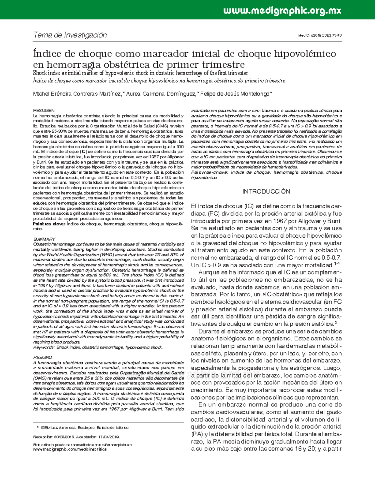 Índice de choque como marcador inicial de choque hipovolémico en hemorragia obstétrica de primer ...