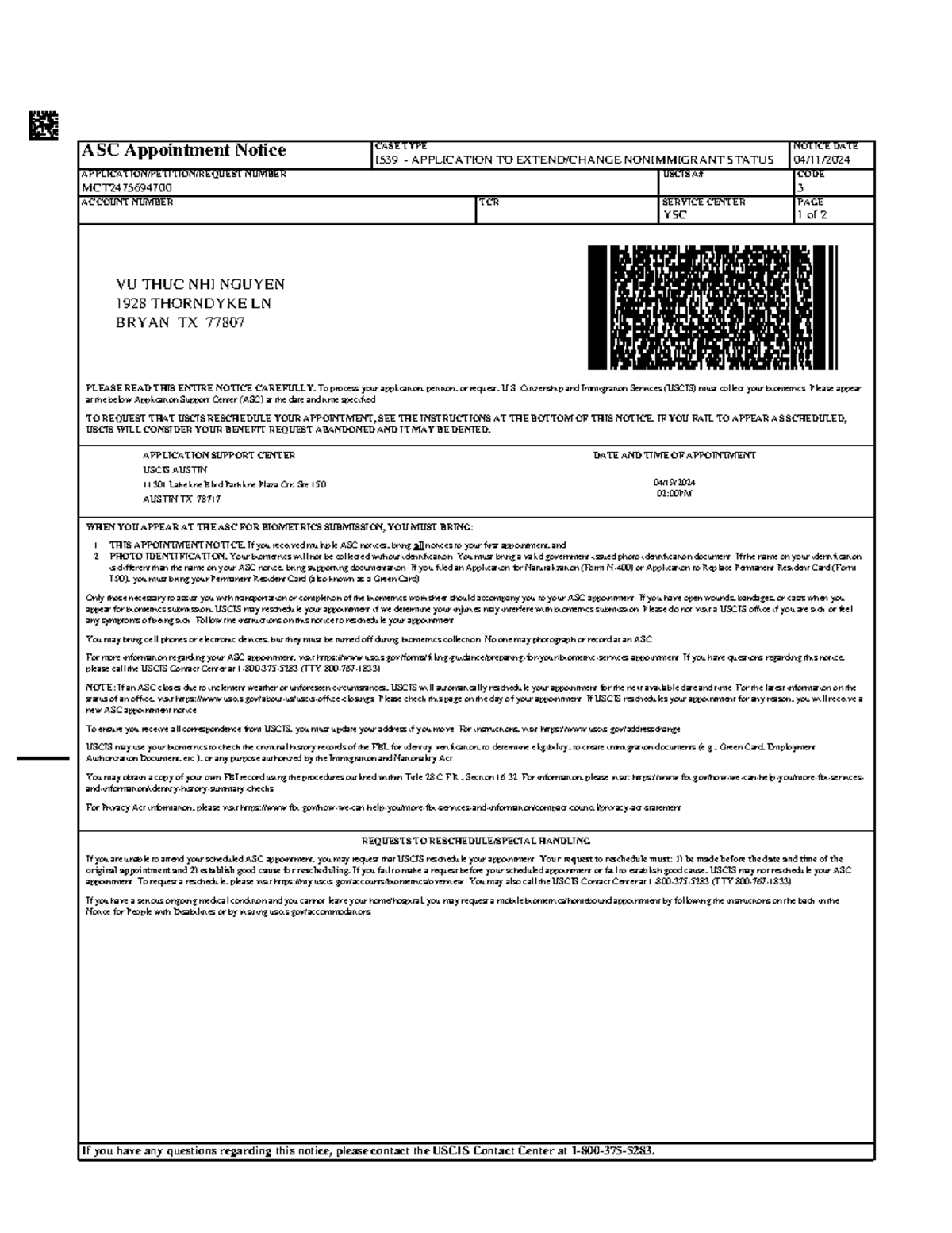 Notice - math lab 101 - ASC Appointment Notice CASE TYPE I539 ...