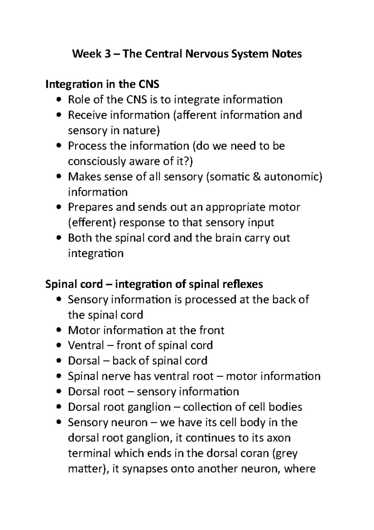 Week 3 - Central Nervous System Notes - Week 3 – The Central Nervous ...