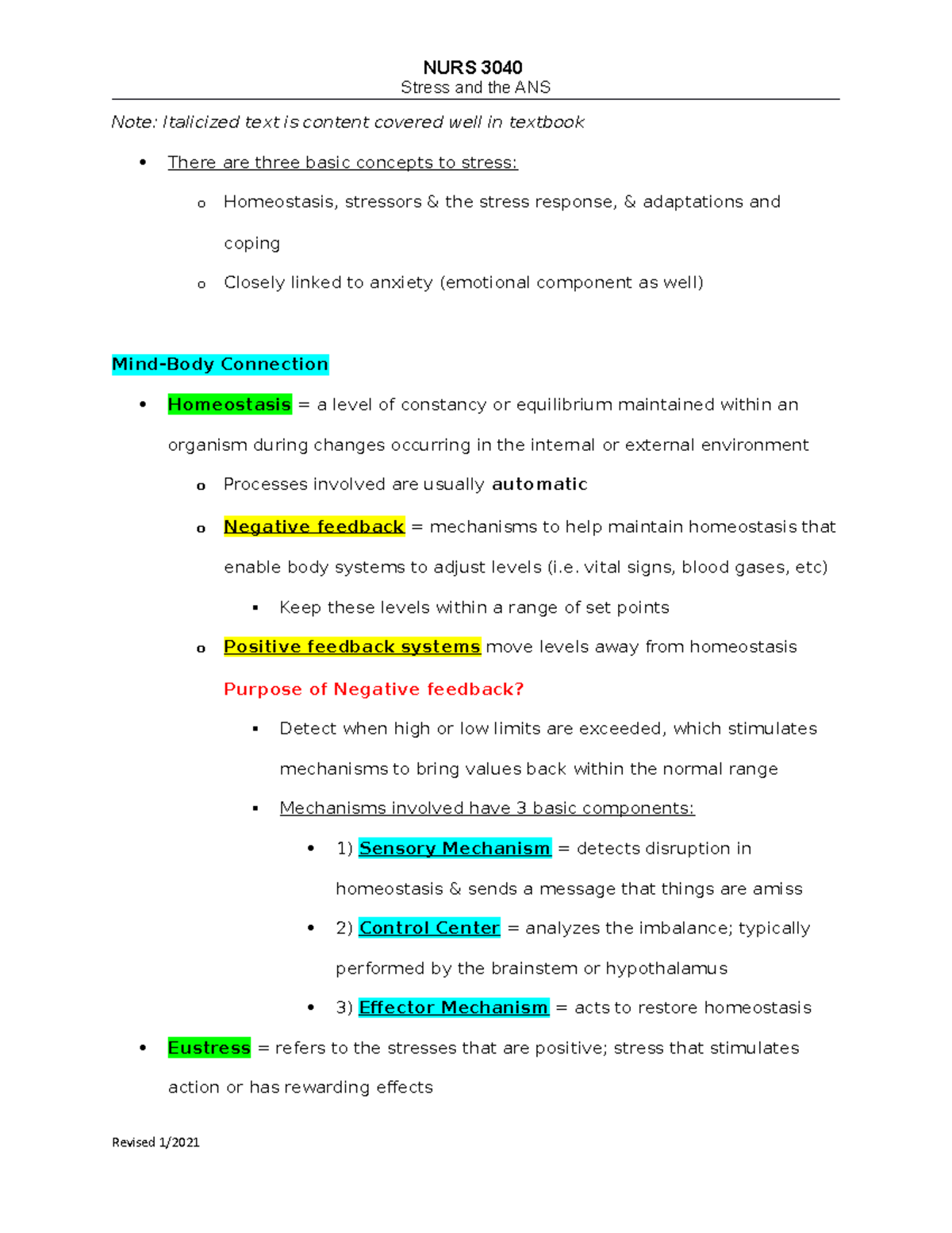 5 Patho Stress ANS student outline - Stress and the ANS Note ...