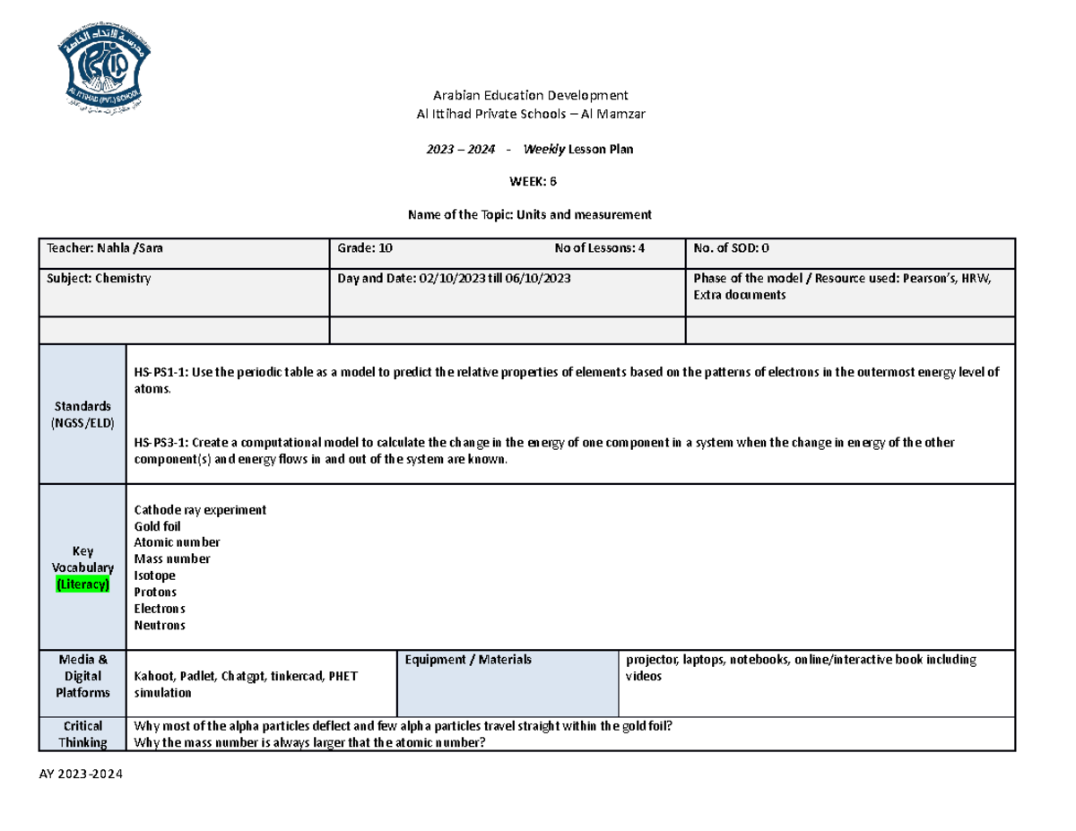 Chemistry grade 10 week 6 - Al Ittihad Private Schools – Al Mamzar 2023 ...