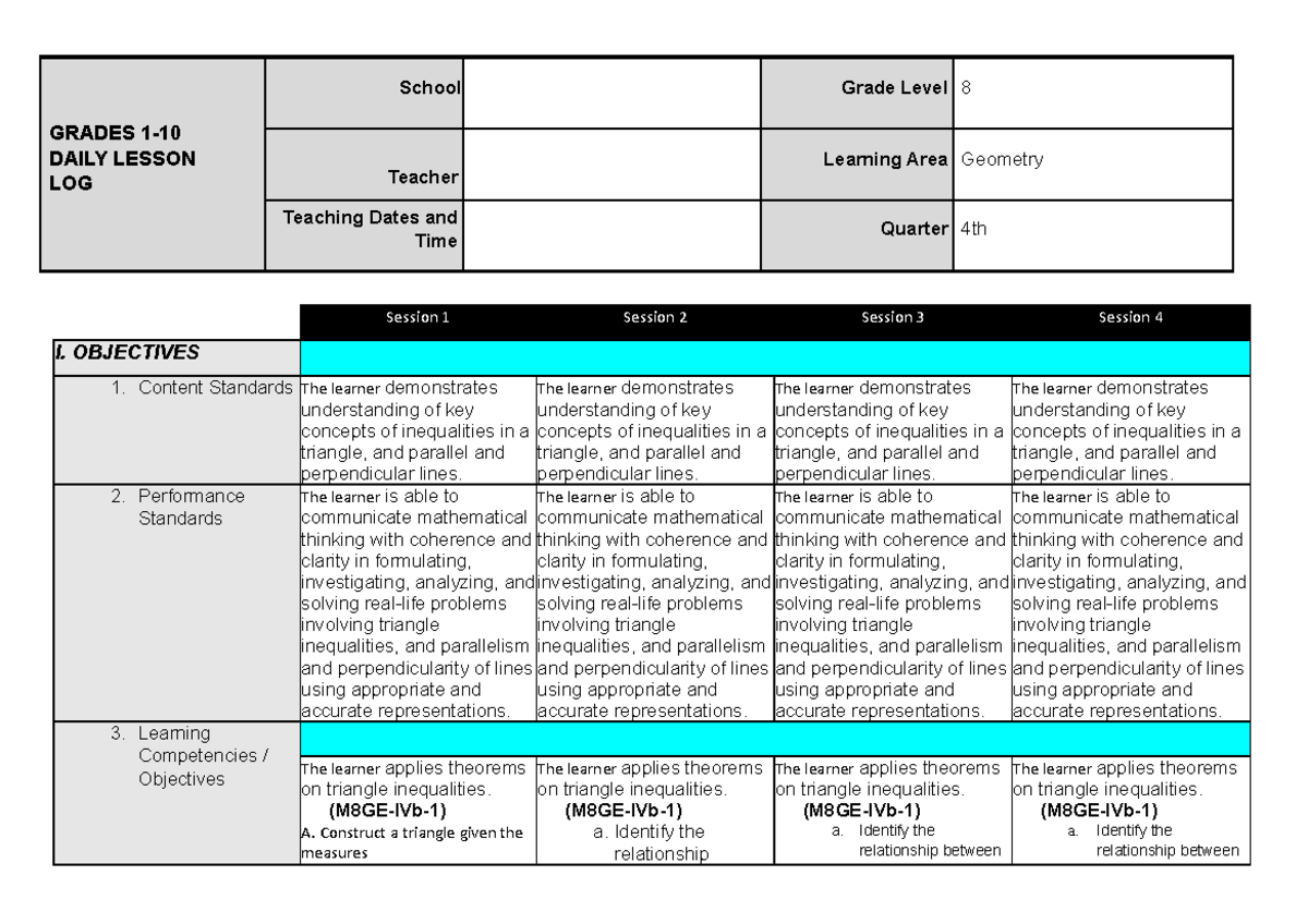 Daily Lesson Log Grade 8 Quarter 4 week 49 - GRADES 1- DAILY LESSON LOG ...