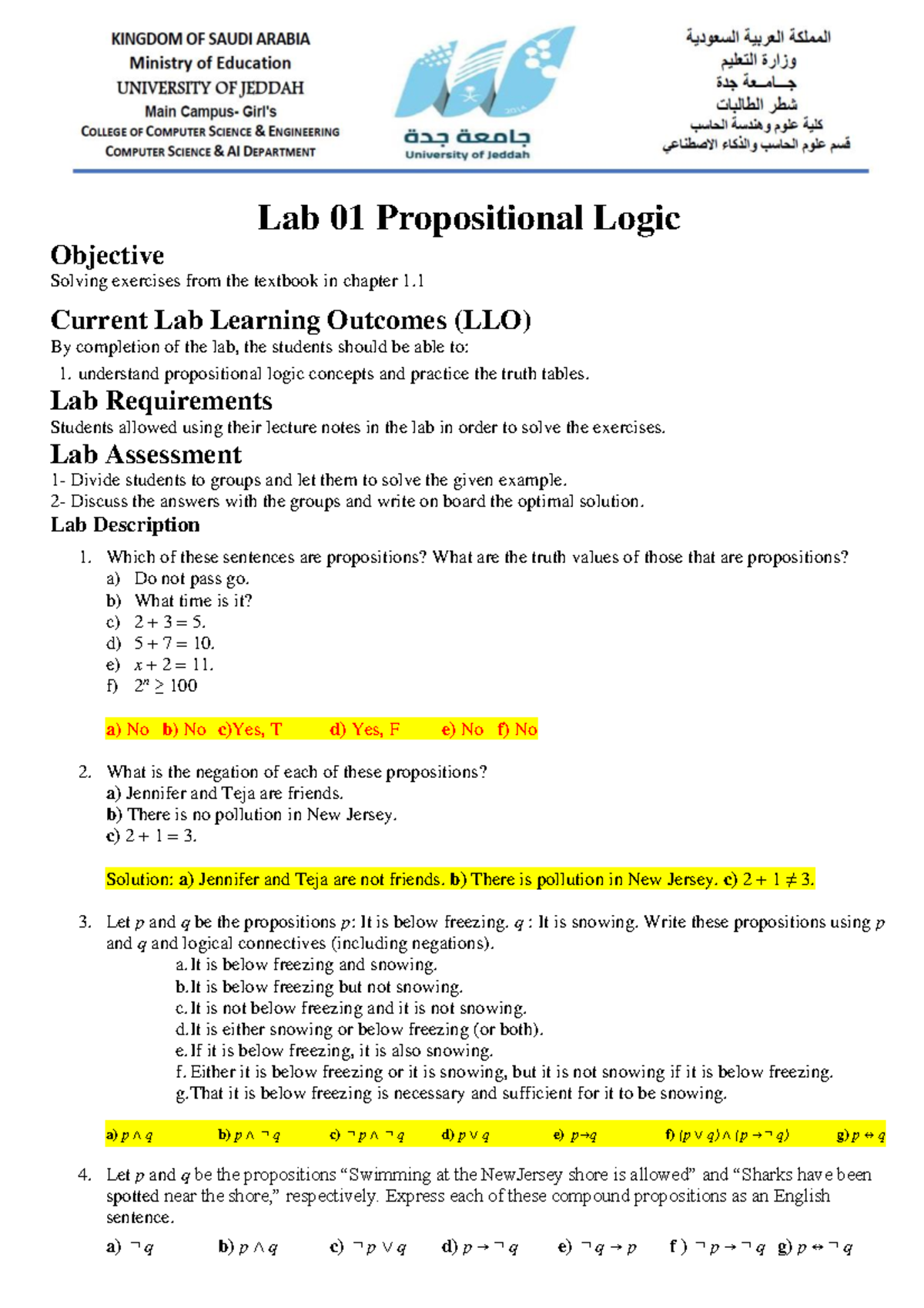 Lab01 Solution Test Lab 01 Propositional Logic Objective Solving Exercises From The Textbook